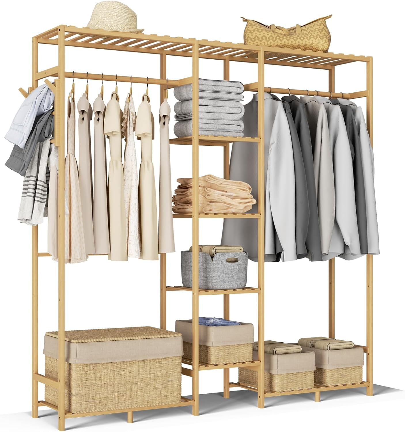 ALILEYI 59 Bamboo Multi Tier Clothes Rack with Side Hook & Pants Rack ...