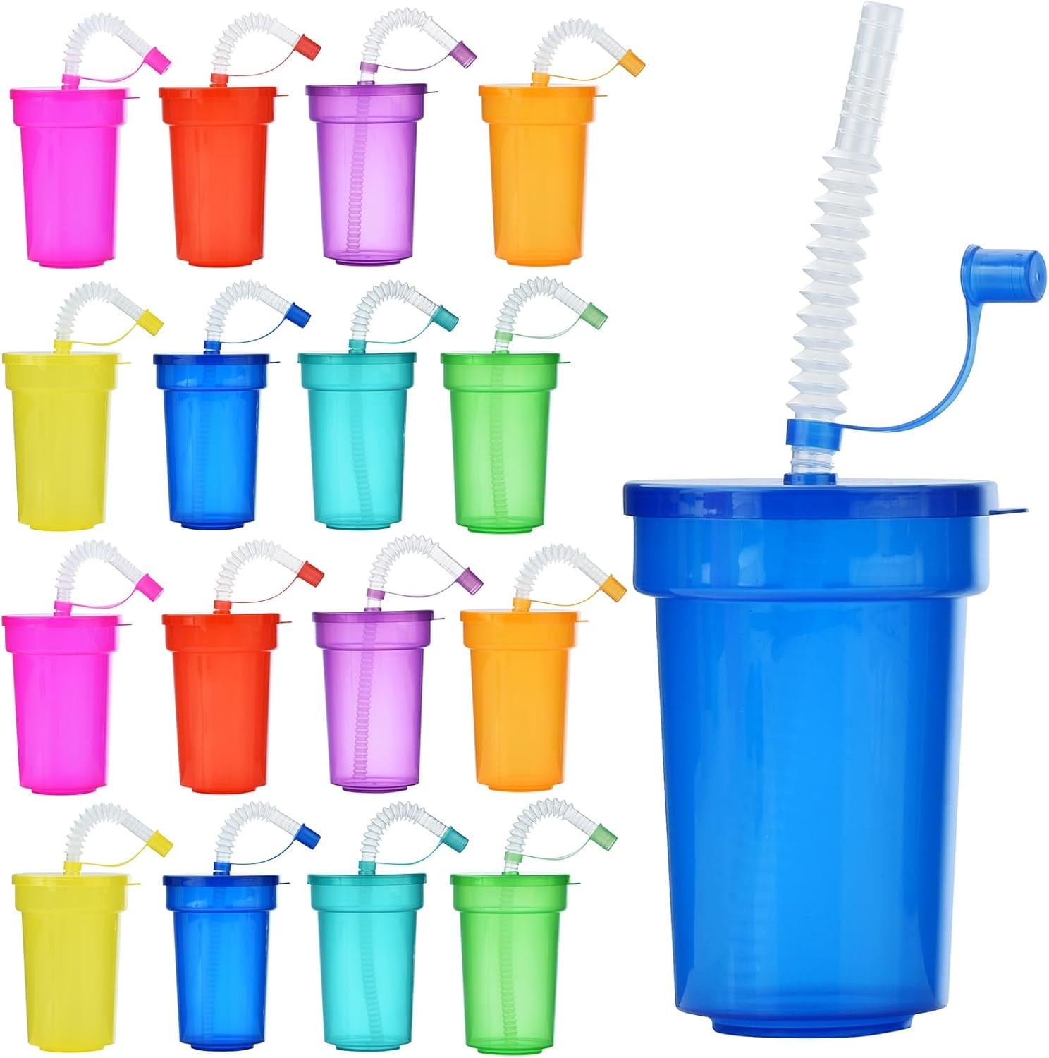 ALINK Plastic Party Cups with Lids and Straws, 16pcs 12 oz Neon Sipper ...