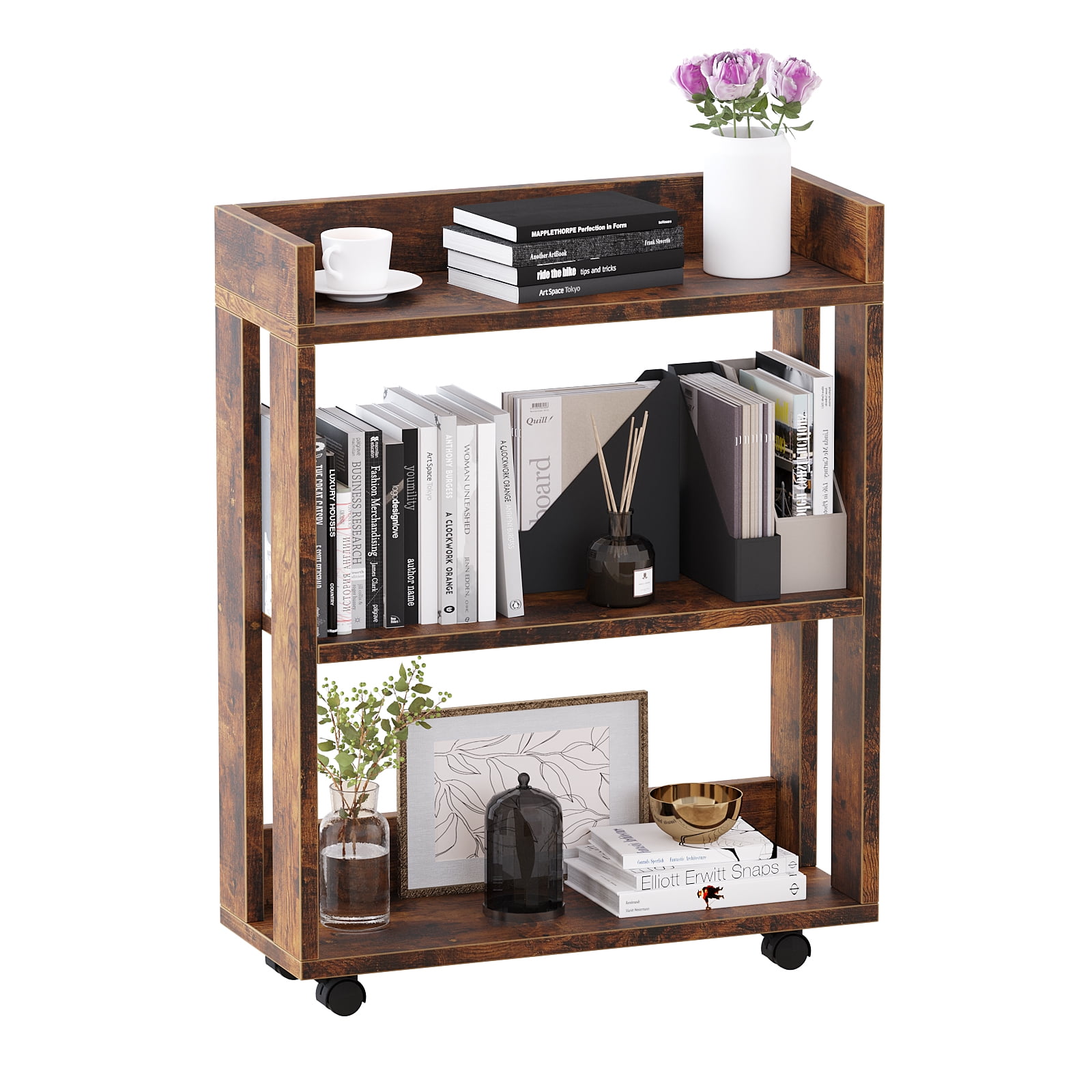 ALISENED 3 Tier Bookshelf and Bookcase with Wheels, Wood Small ...