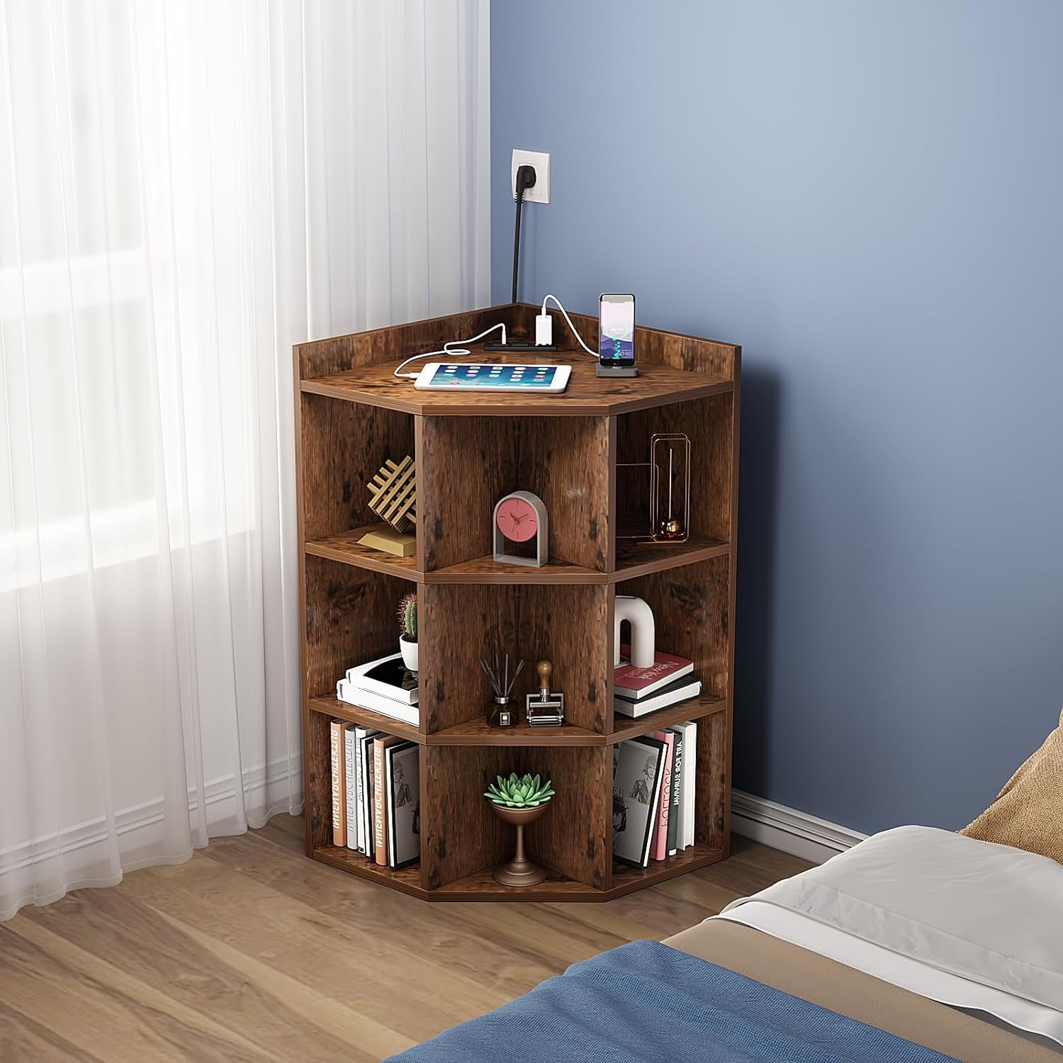 ALISENED 3-Tier Corner Bookcase with 9 Cubbies, Wooden Storage ...