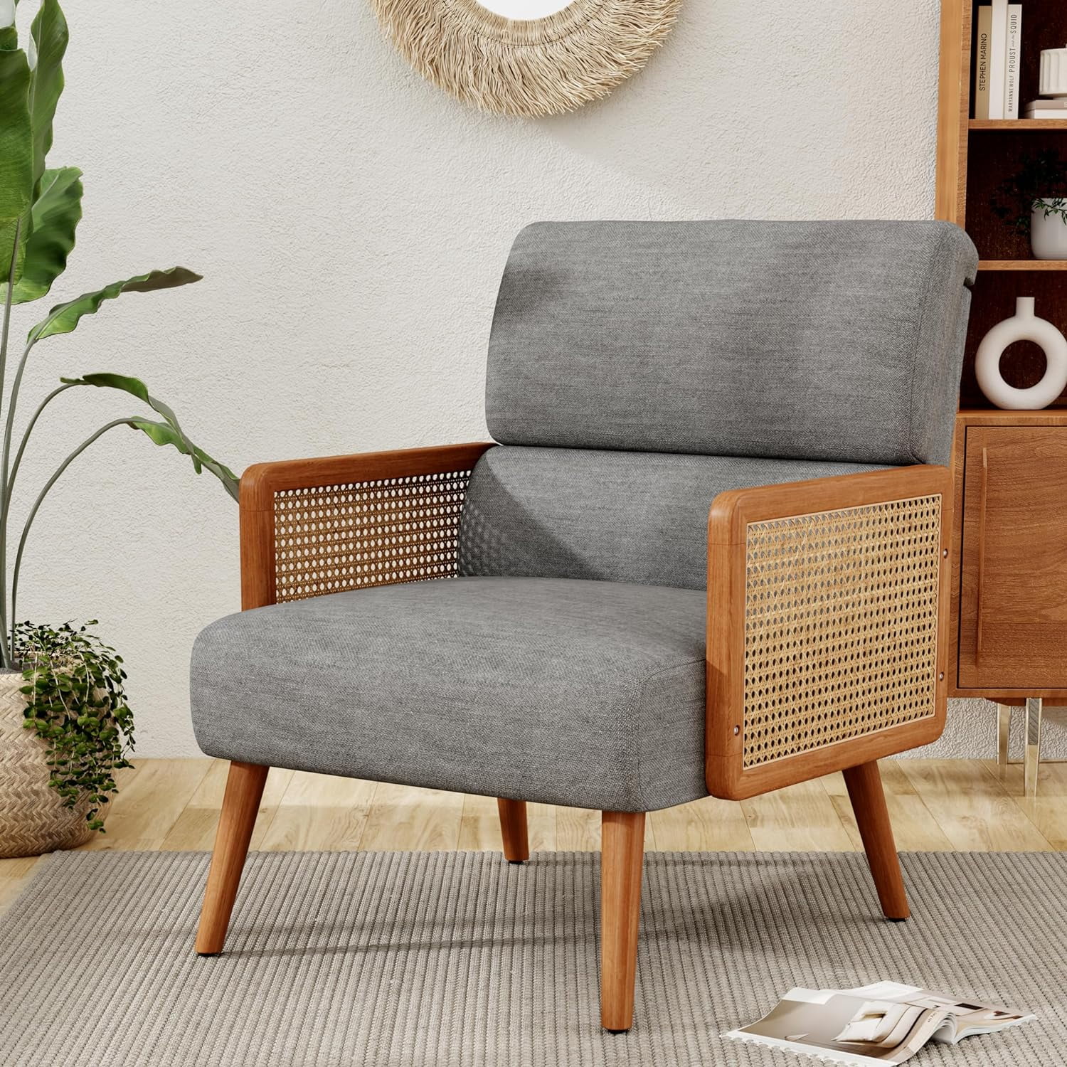 ALISH Accent Chairs,Upholstered Rattan Armchair Mid Century Modern ...