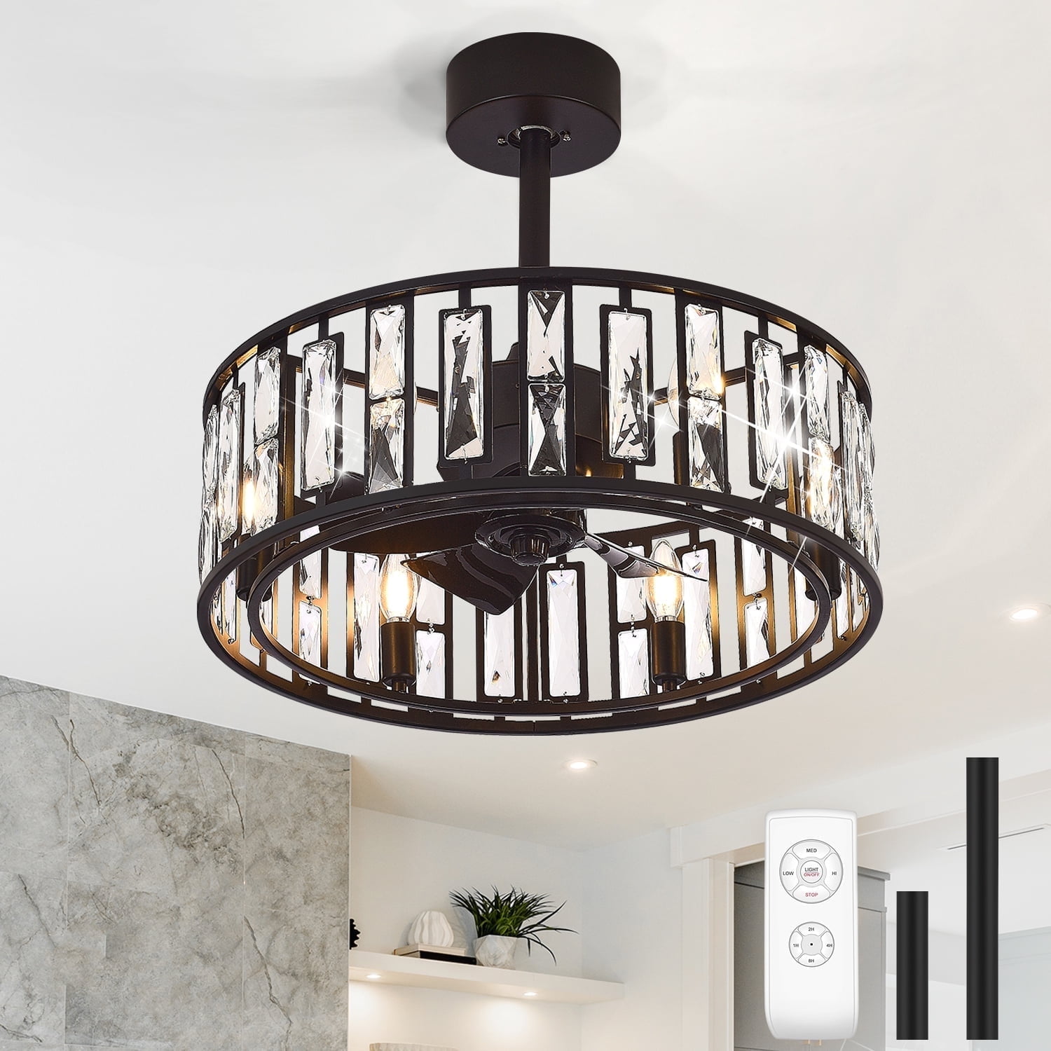 ALKAFY 20 Inch Smart Bladeless Ceiling Fan with Crystal LED Light Kit ...