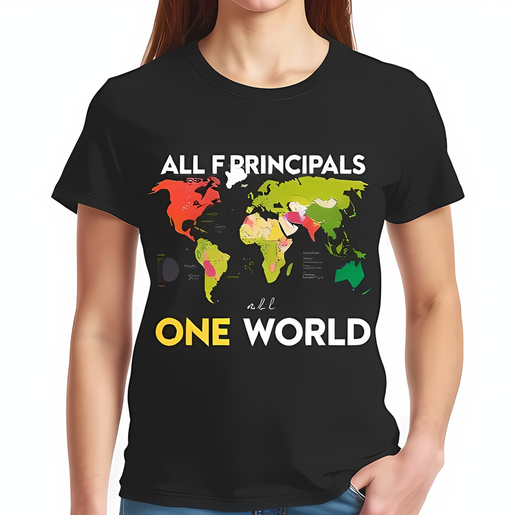 ALL PRINCIPALS ONE WORLD T-Shirt Black Tee with Colorful World Map ...