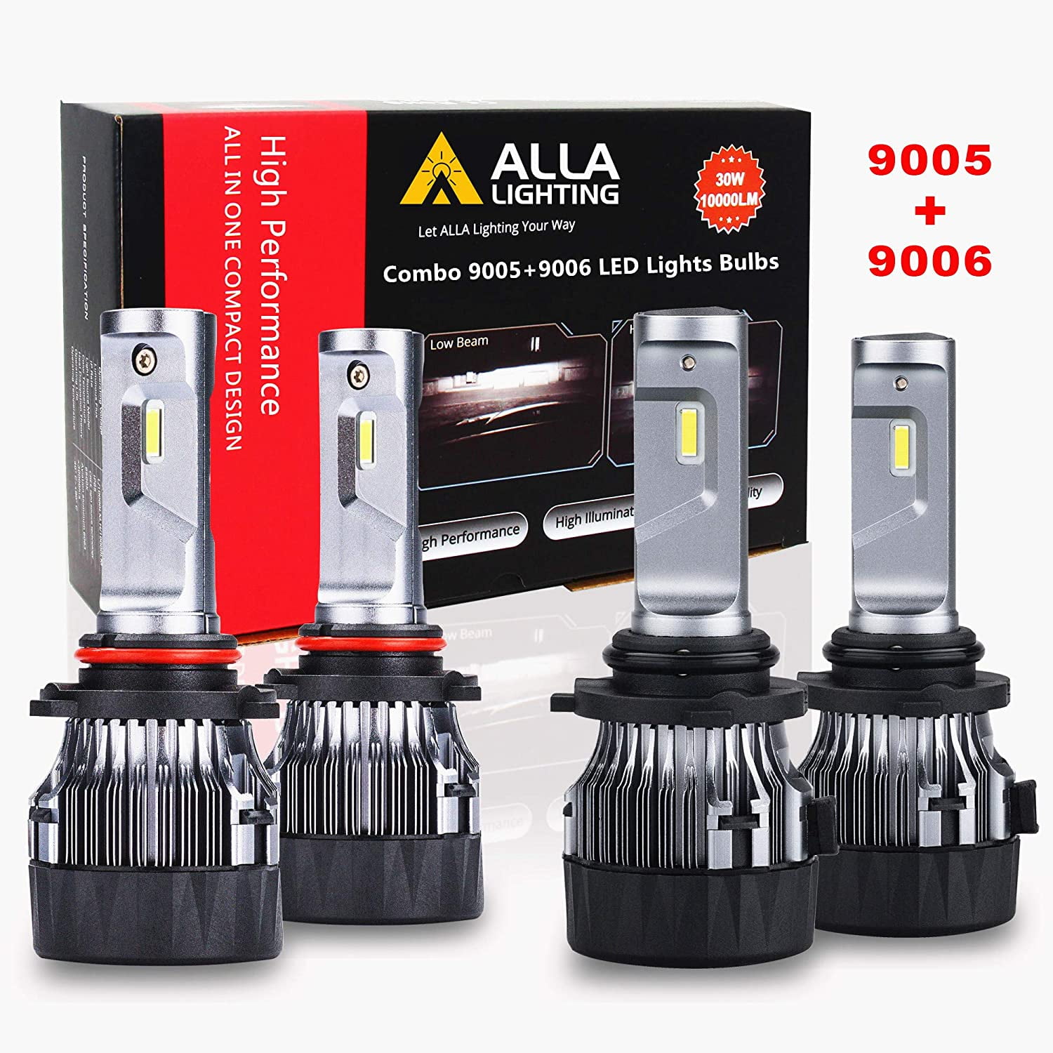 ALLA Lighting S-HCR 9005 9006 LED Bulbs Headlights High Low Beam Combo 10000Lms Xtremely Super ...