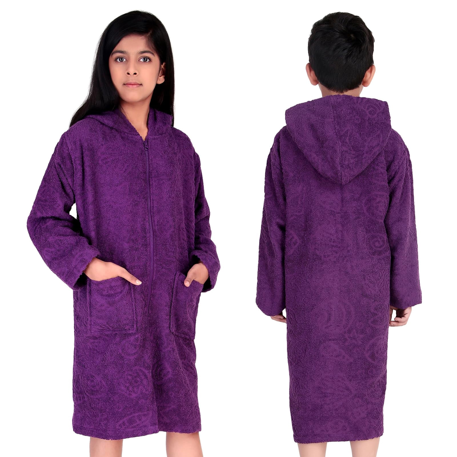 ALLEN & MATE 100% Cotton Hooded Kids Bathrobe with Zipper, 380 GSM ...