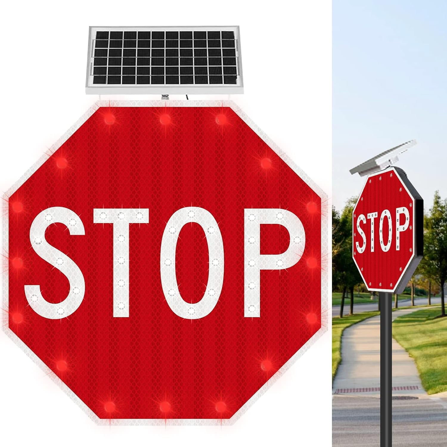ALLEXCENT 30in Solar Powered LED Flashing STOP Traffic Sign, Reflective ...