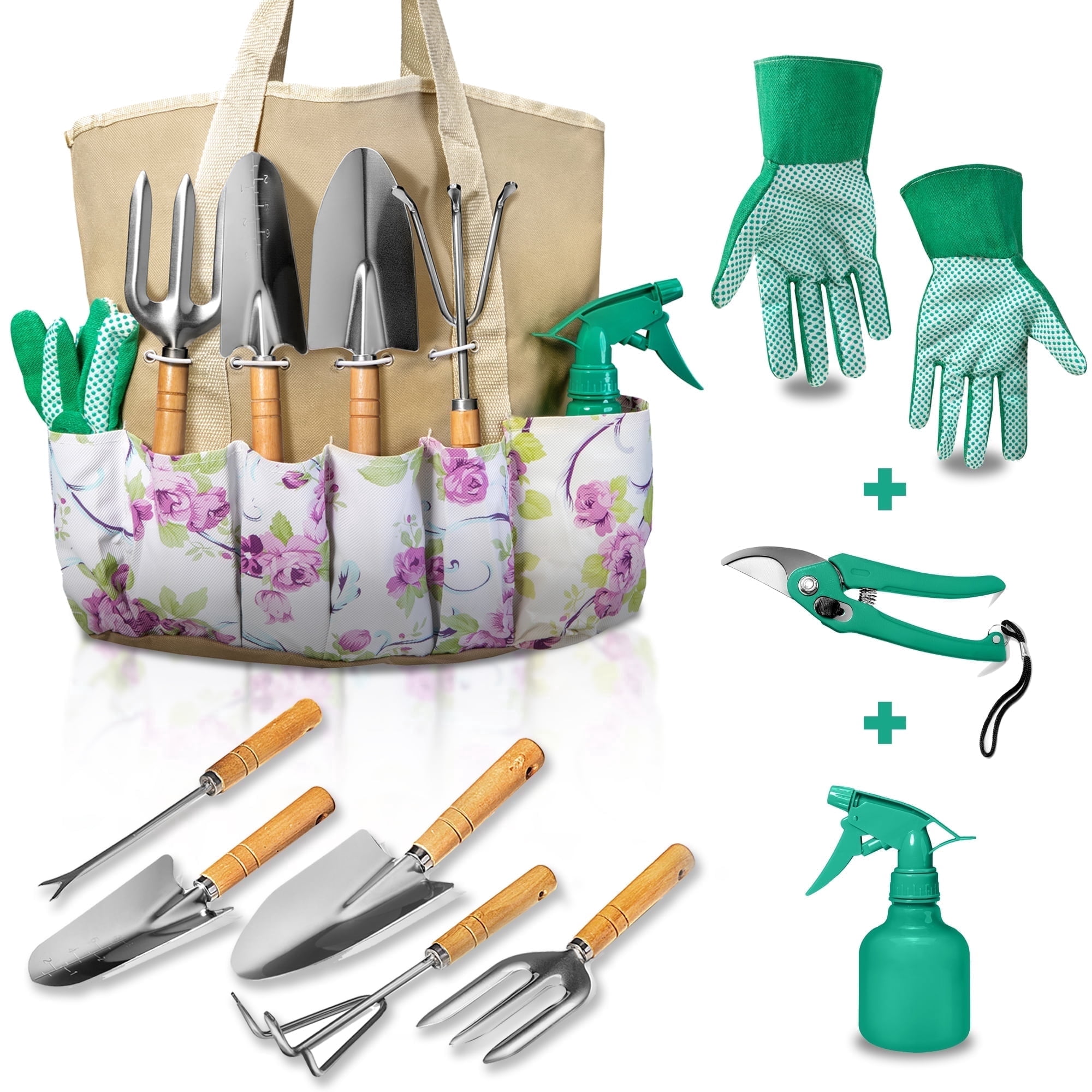 ALLJOY Garden Tools Set with Tote and Gloves, 9-Piece Heavy Duty ...
