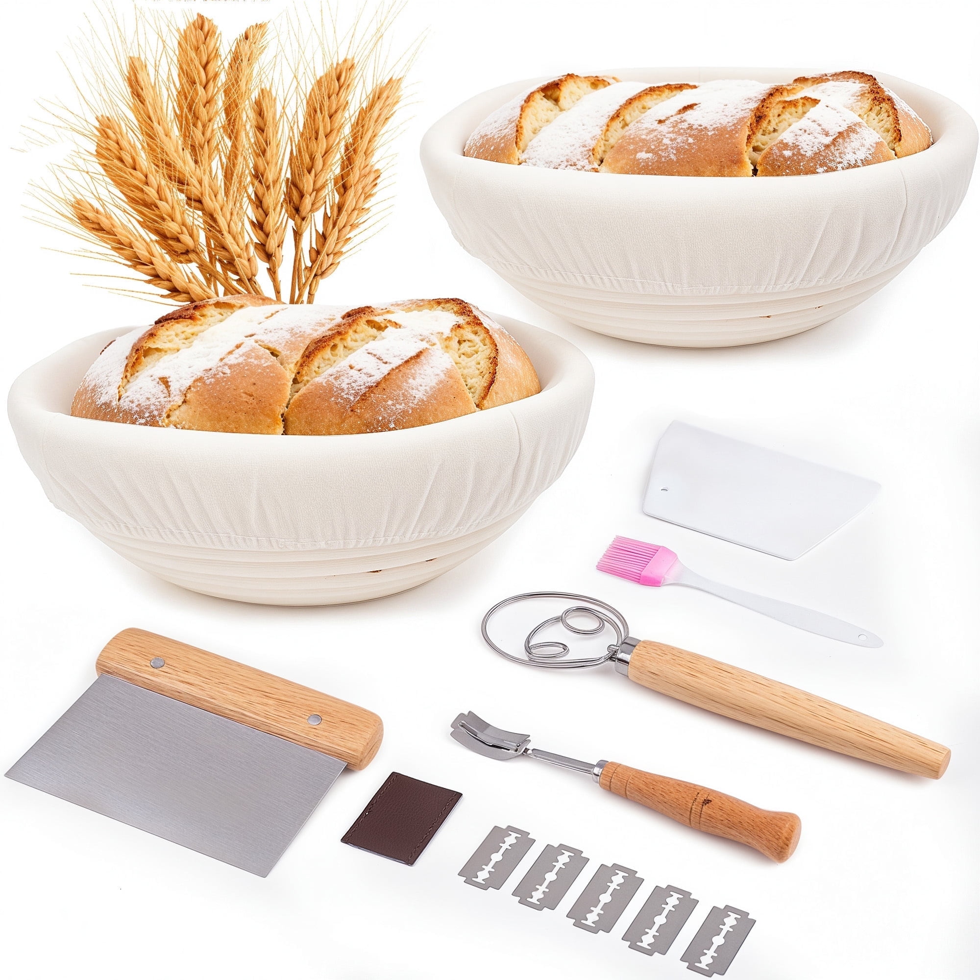 ALLJOY Bread Proofing Basket Set of 2,9 Inch Round Banneton Baskets with Linen Liners, Dough ...
