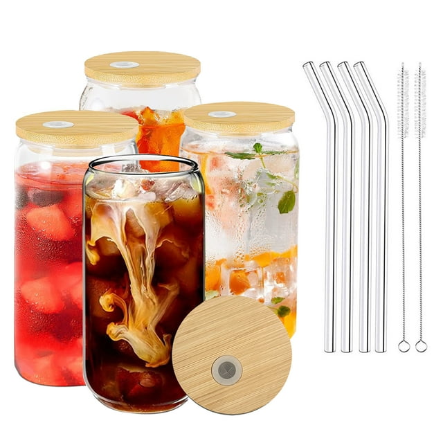 ALLJOY Glass Cups with Lids and Straws, 16 oz Drinking Glasses Cup 4pcs ...