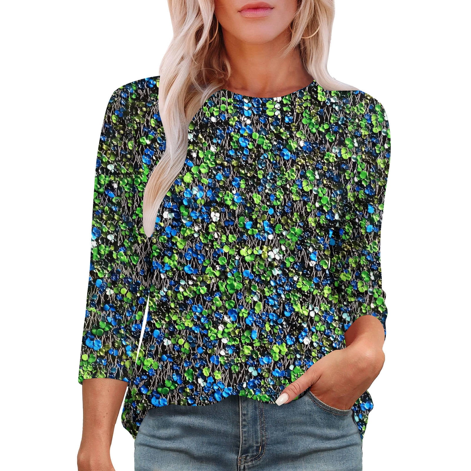 ALLLIST 3/4 Sleeve Womens Tops Summer Crew Neck Blouse Fashion Floral ...