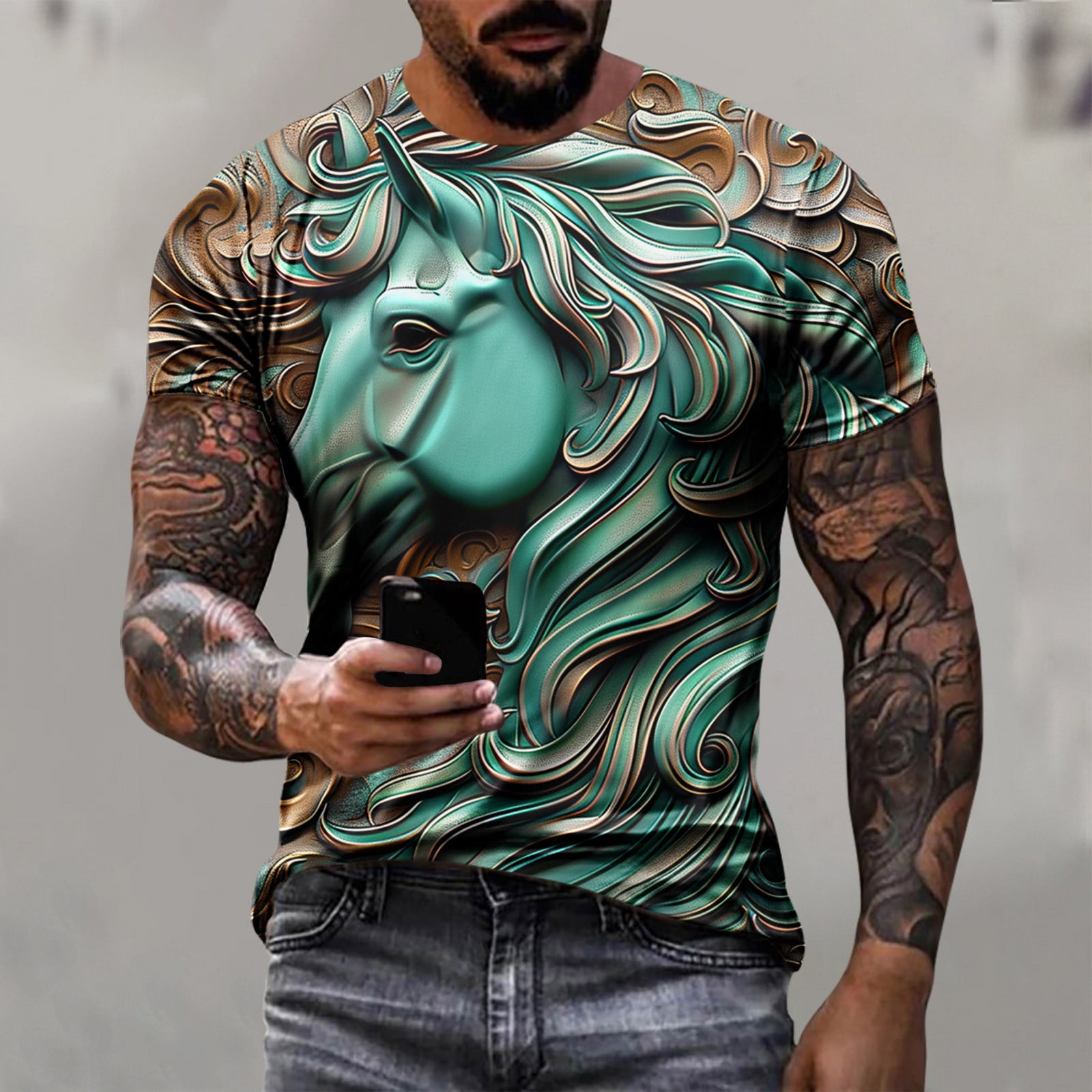 ALLLIST Blue Mens Tops Clearance Crew Neck Short Sleeve Horse Gift ...
