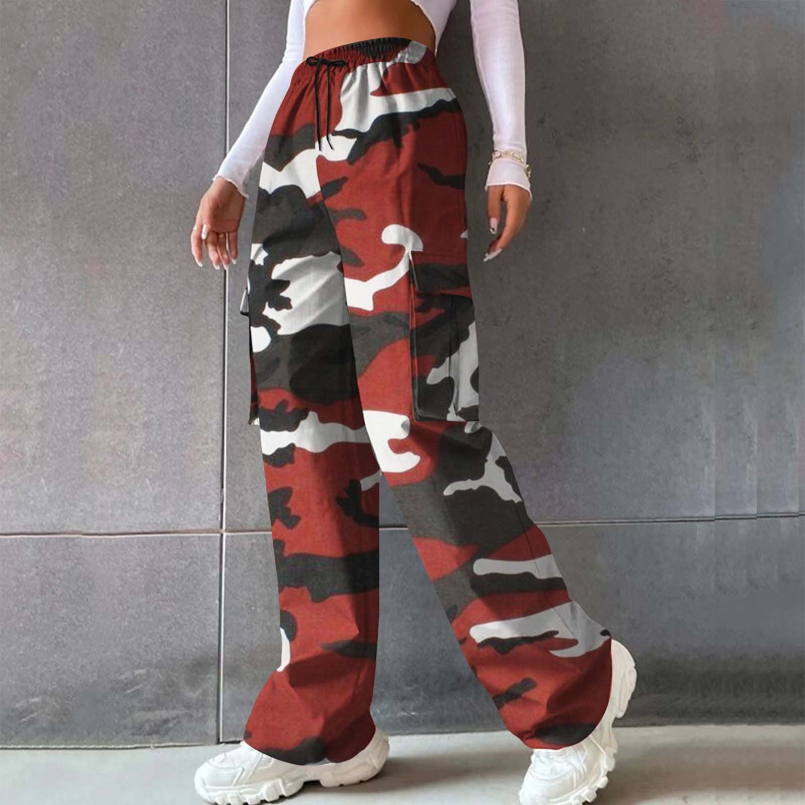 ALLLIST Camouflage Women Pants Elastic Waist Cargo Pants Red Knit Pants ...