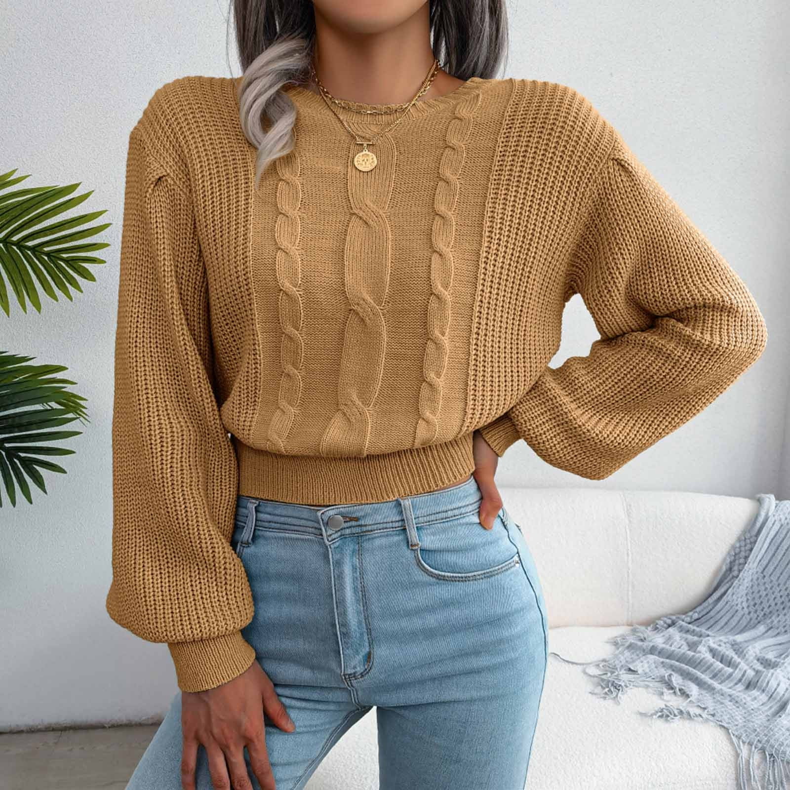 ALLLIST Casual Sweaters for Women Crop Tops Yellow Plain Long Sleeve ...