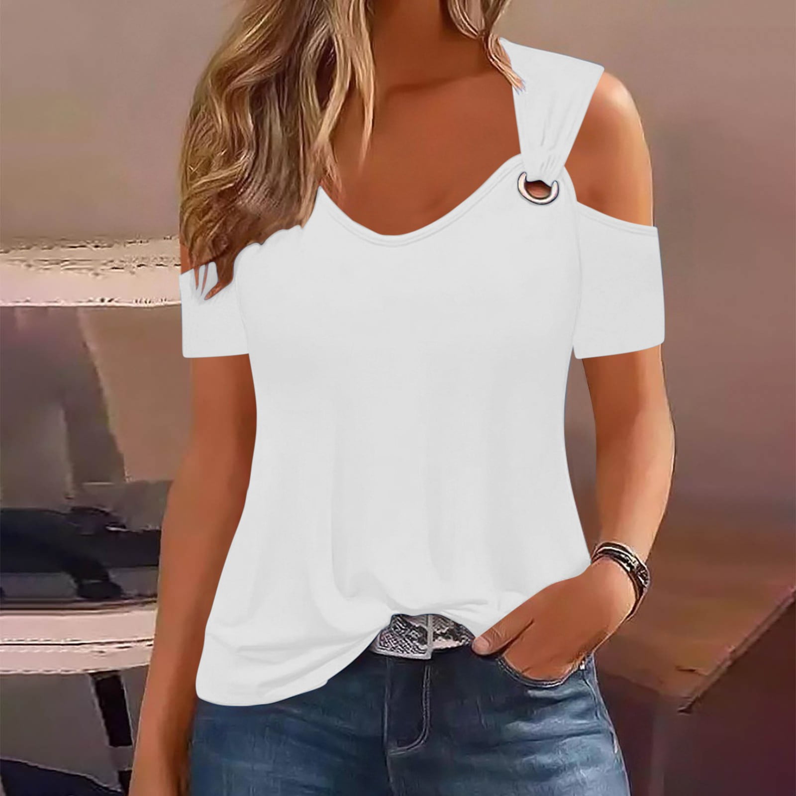 ALLLIST Cold Shoulder Tops for Women White V-Neck Blouses Solid Short ...