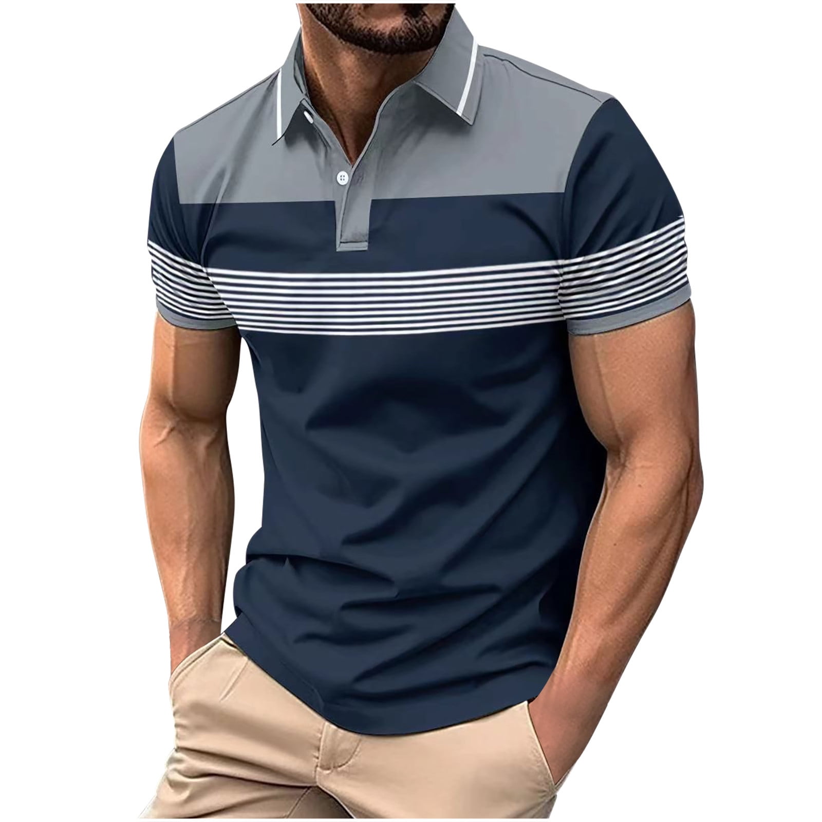 ALLLIST Collared Going Out Tops for Men Gray Short Sleeve Striped Polo ...