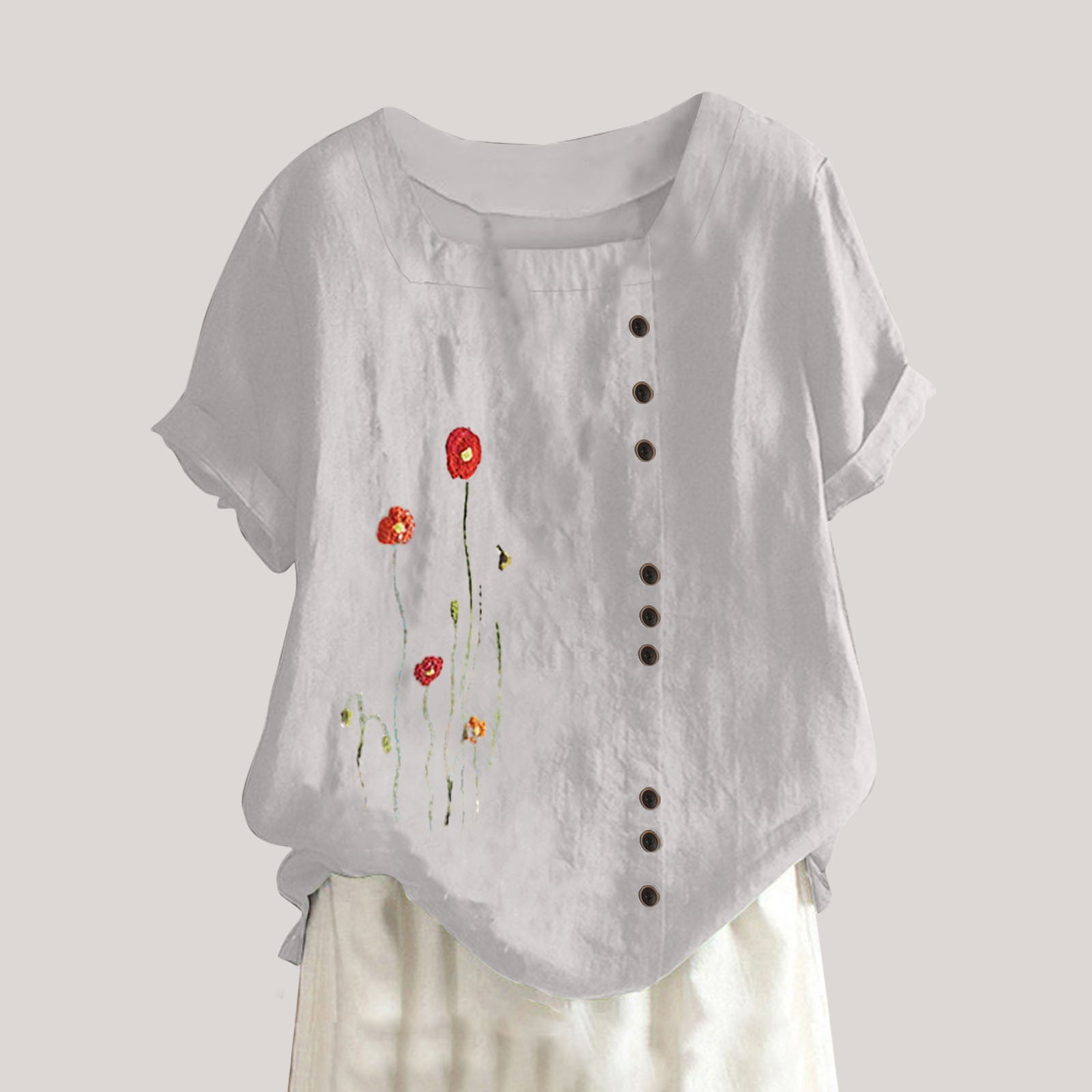 ALLLIST Crew Neck Spring Tops Short Sleeve White Floral Button T-Shirts ...
