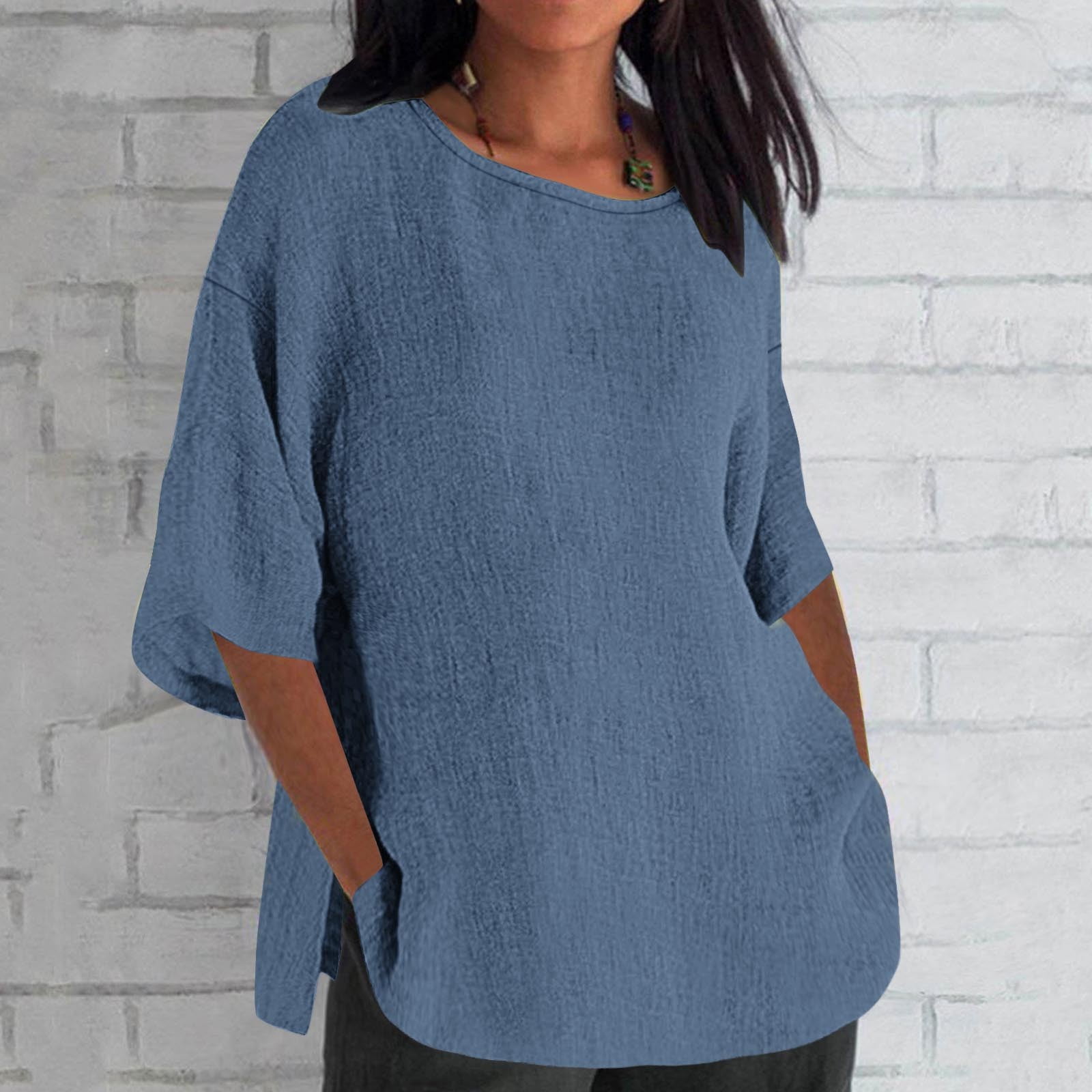 ALLLIST Crew Neck Tops for Women 3/4 Sleeve Cotton T-Shirts Blue ...