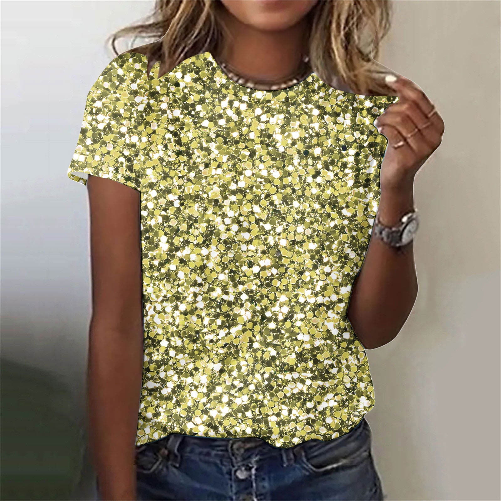 ALLLIST Crew Neck Tops for Women Short Sleeve Sequin T Shirts Yellow ...