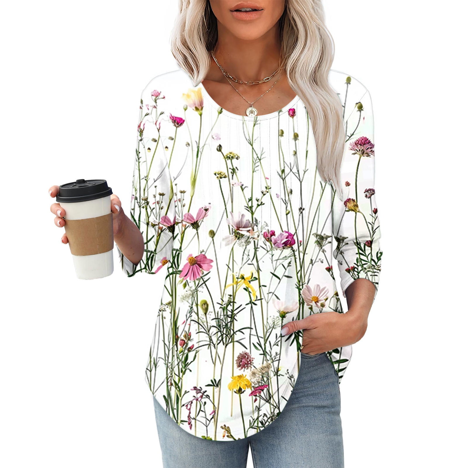 ALLLIST Crew Neck Tops for Women Summer 3/4 Sleeve Blouse Casual ...