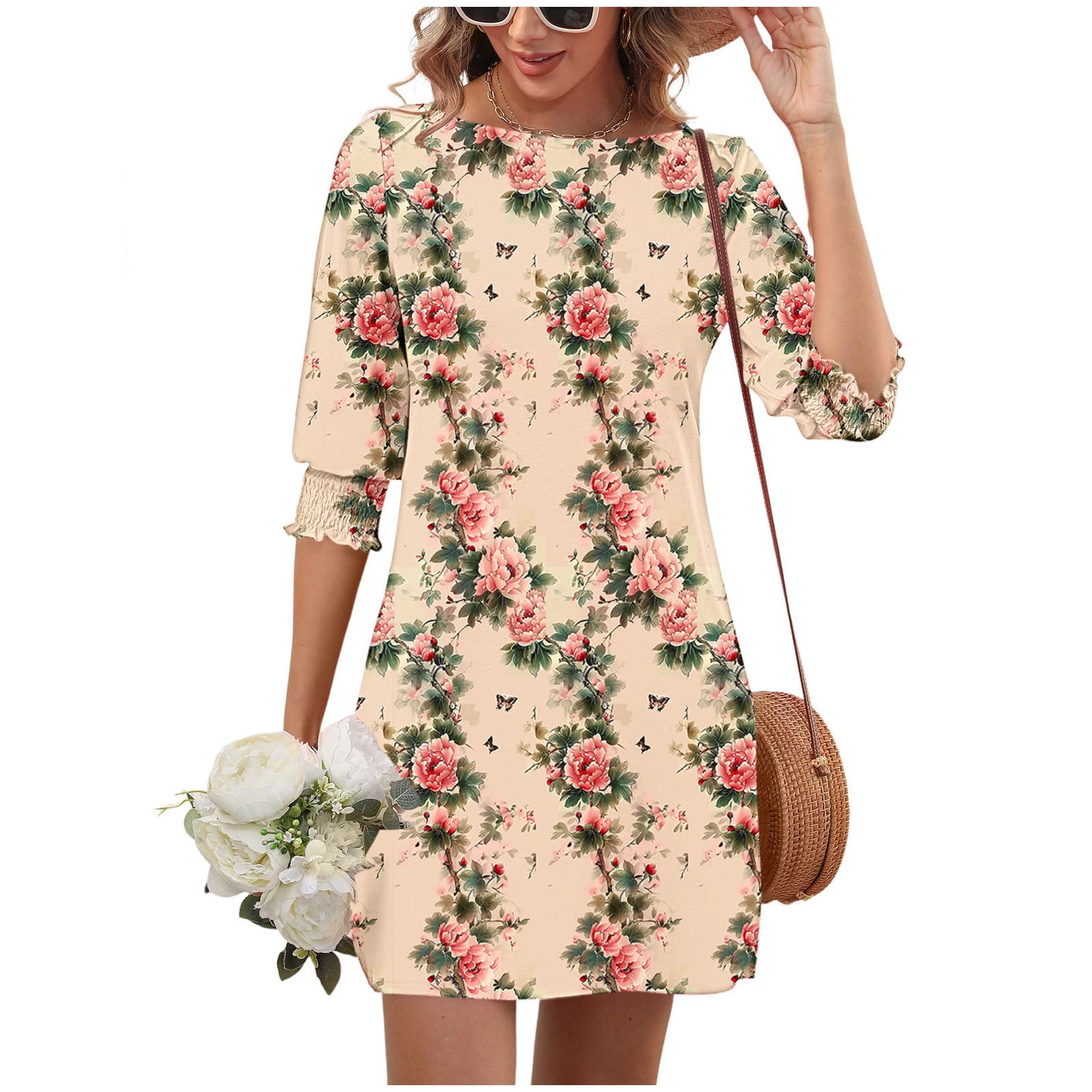 ALLLIST Dresses for Women Mini Spring Floral Tent Beige Casual Sundress ...