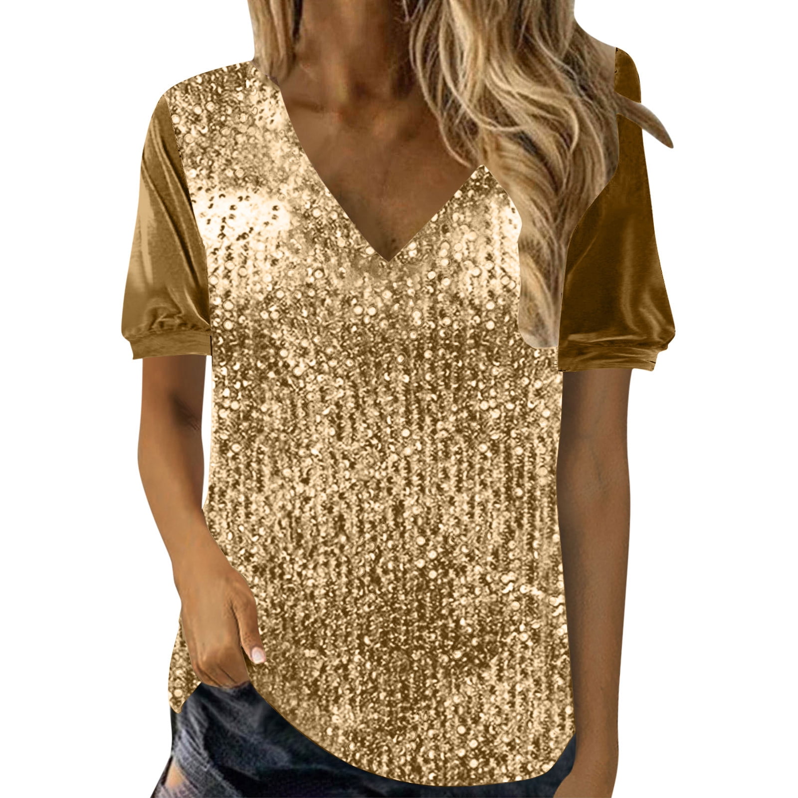 ALLLIST Elbow-Length Tops for Women Sequin V Neck Blouse Gold Solid ...