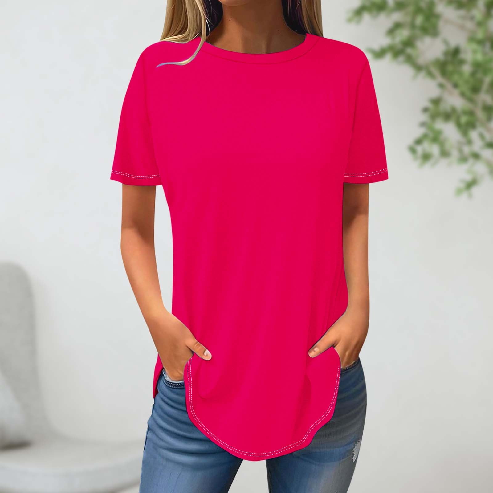 ALLLIST Going Out Tops for Women Solid Pink Short Sleeve Crew Neck T ...