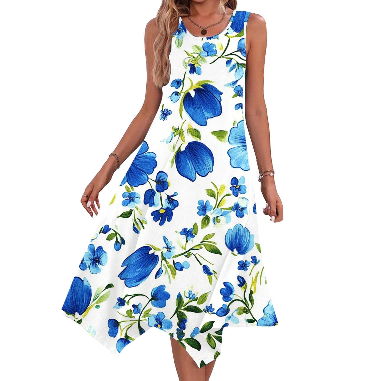 ALLLIST Ladies Dresses Summer Blue Midi A Line Floral Casual Tank ...