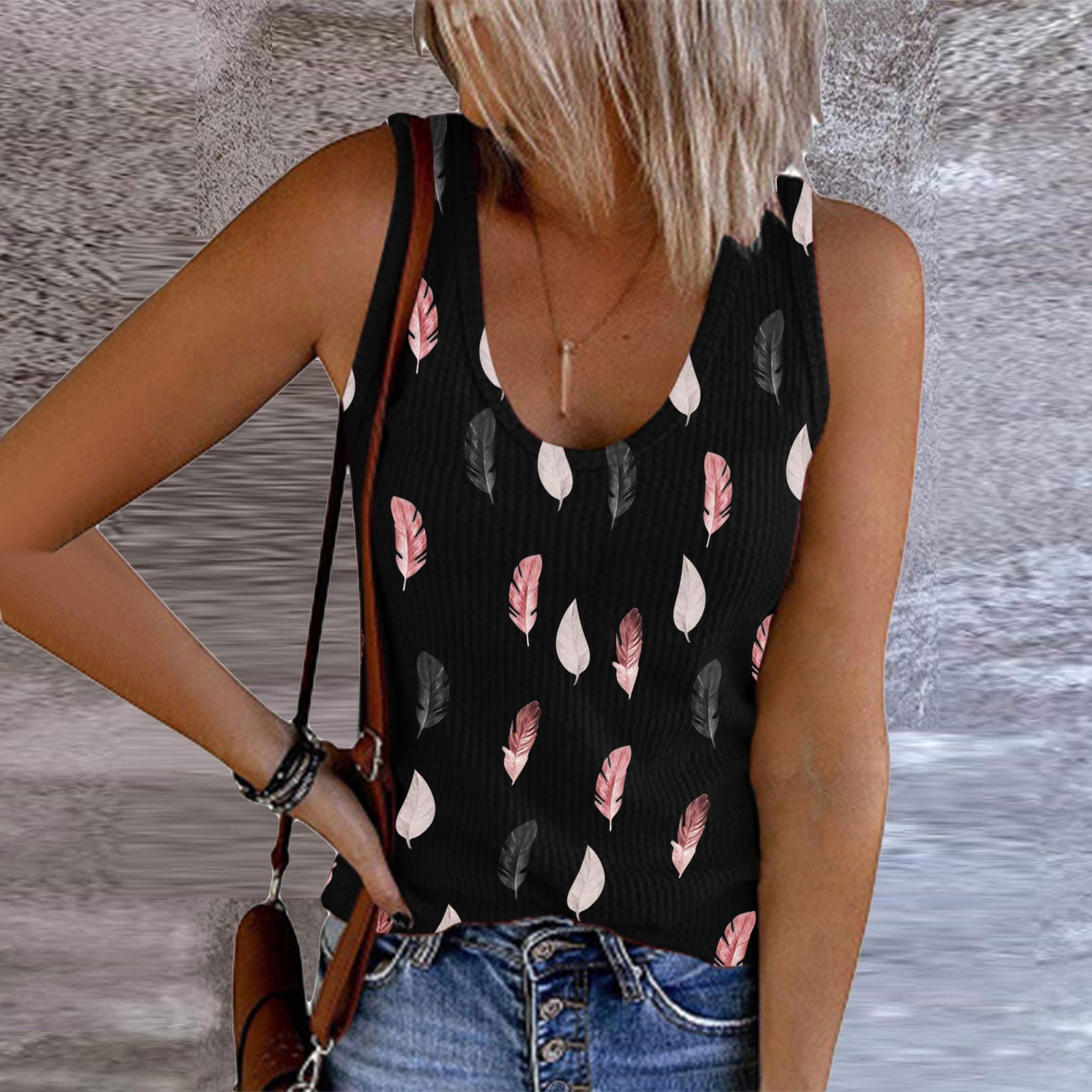 ALLLIST Ladies Tops Black Ribbed Crew Neck Sleeveless Floral Tank Tops ...
