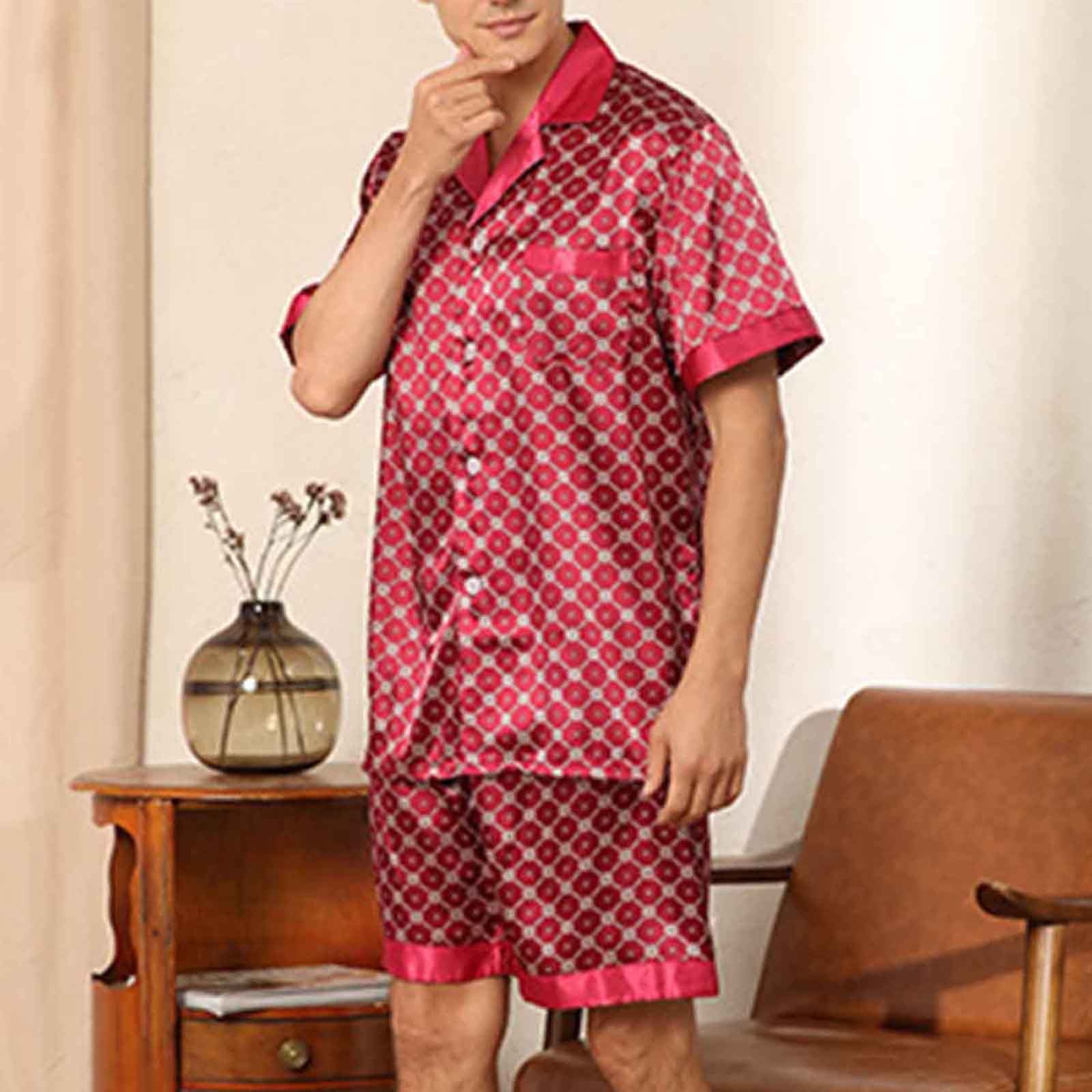 ALLLIST Men's Pajamas Set Satin Silk Sleepwear Short Sleeve Tops ...