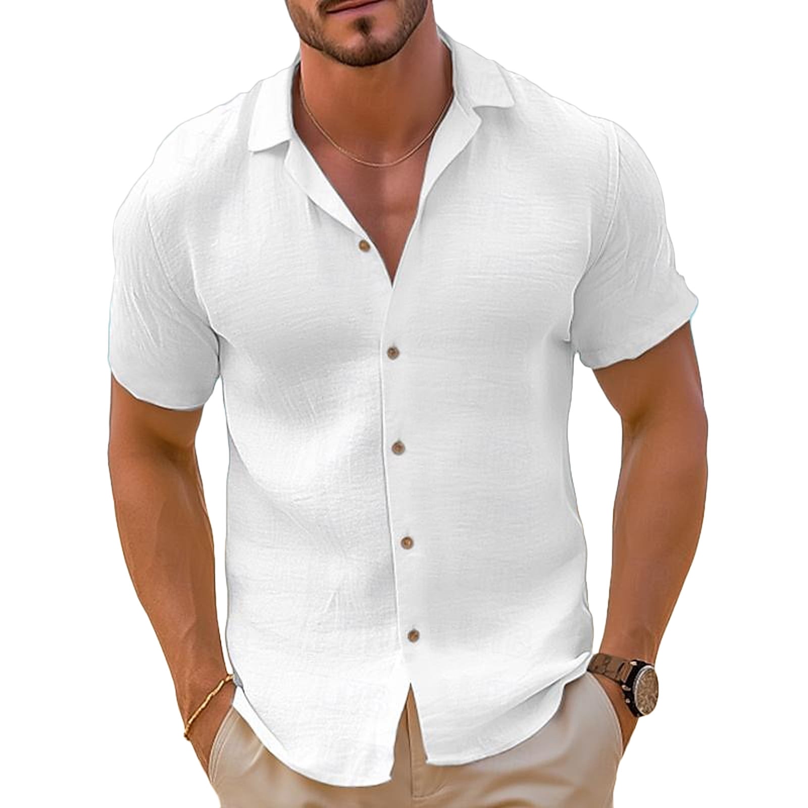 ALLLIST Men's Shirts Collared Cotton Linen Short Sleeve Button Down ...