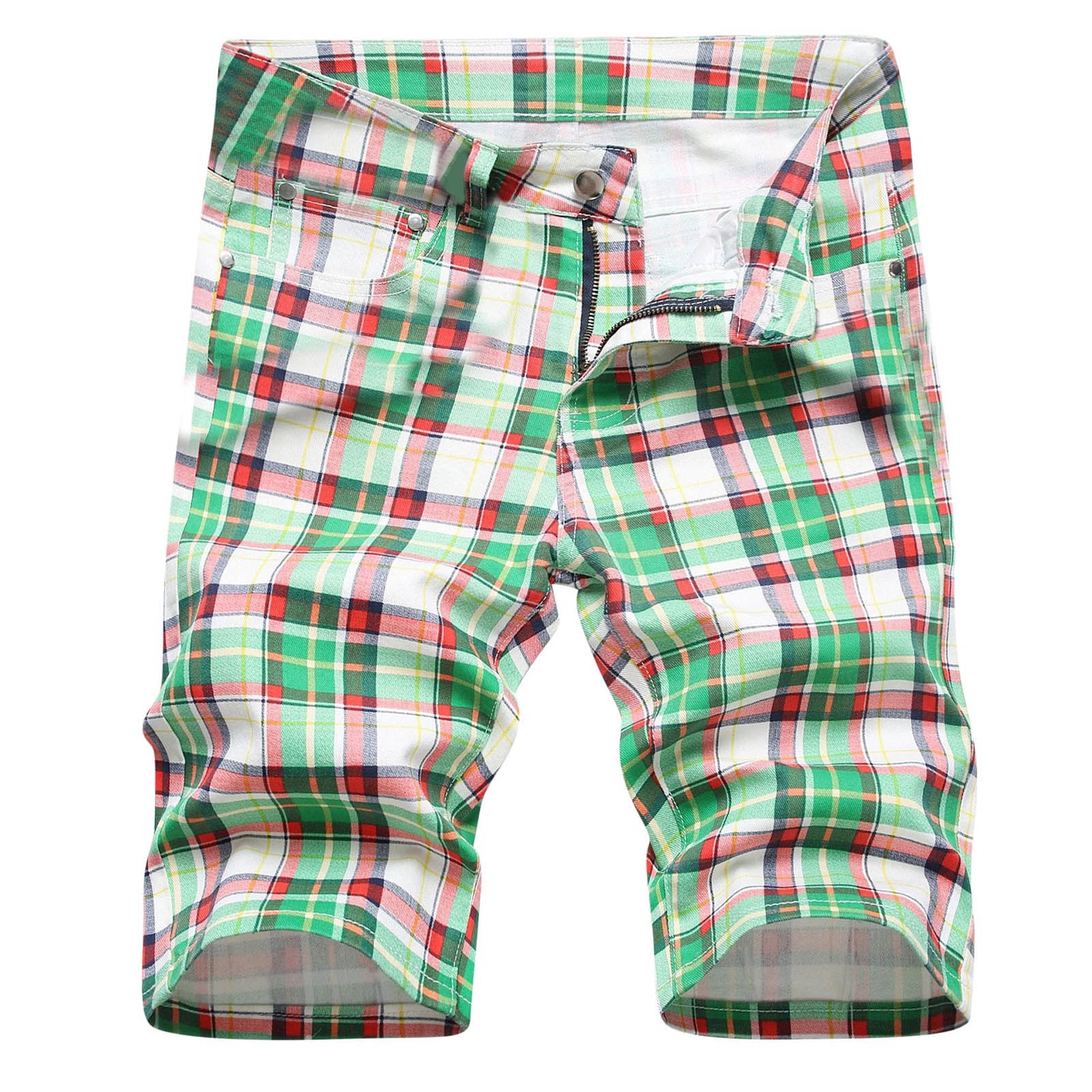 ALLLIST Mid Shorts for Men Straight-Leg Short Green Plaid Cotton and ...