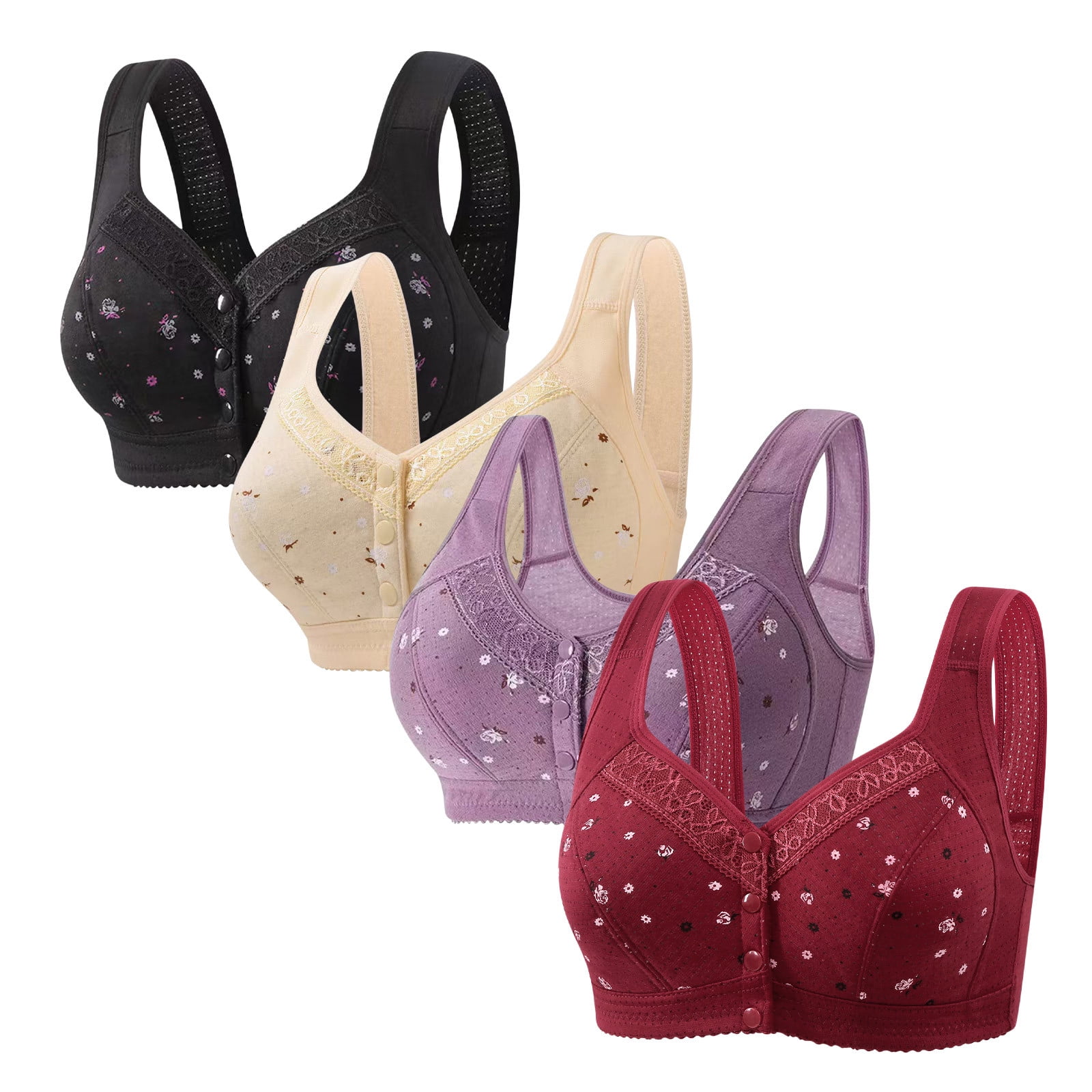 ALLLIST Pack Of 4 Women's Bras Front Closure Lace Plus Size Wirefree ...