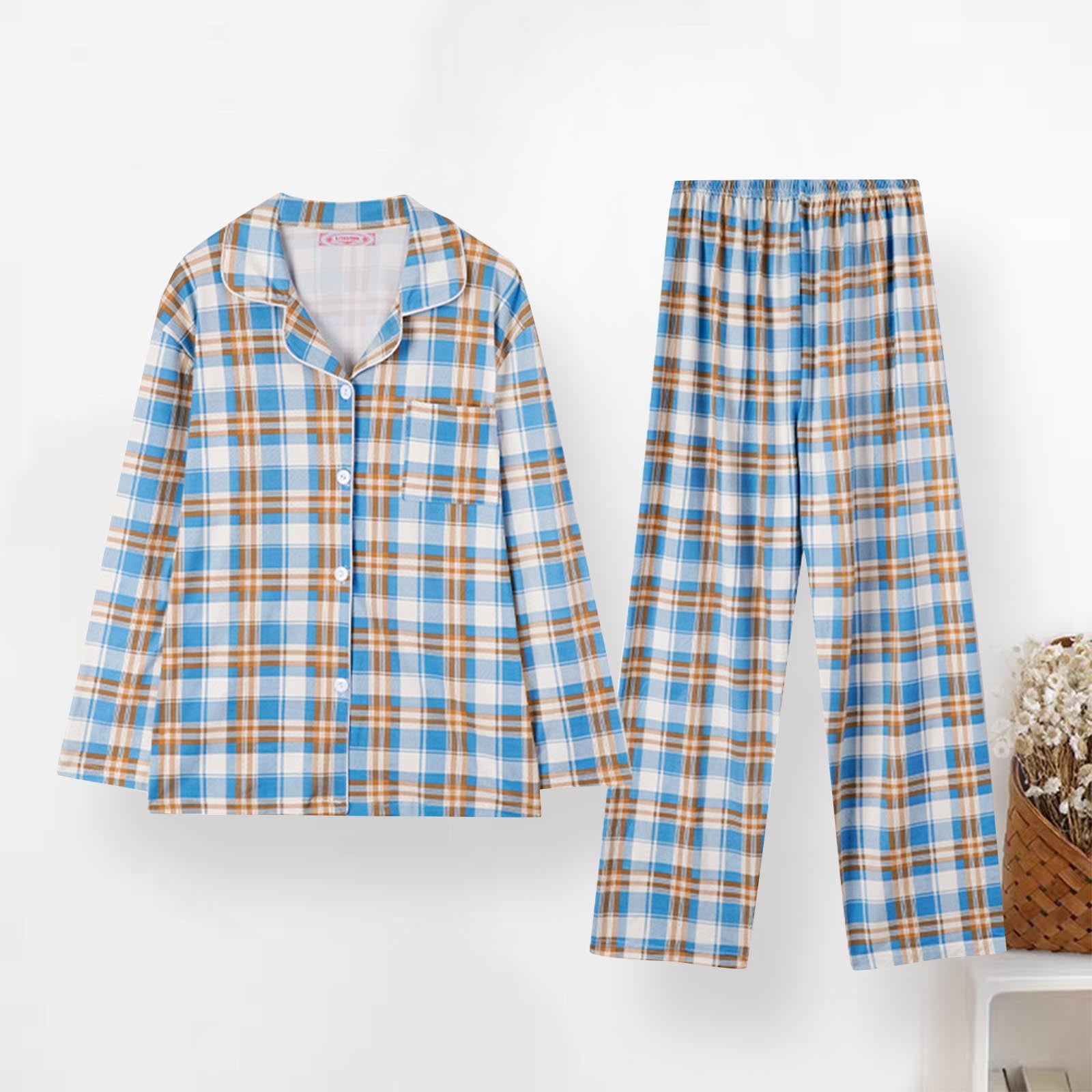 ALLLIST Plaid Women's Pajamas with Pocket Button Brown Soft Flannel ...