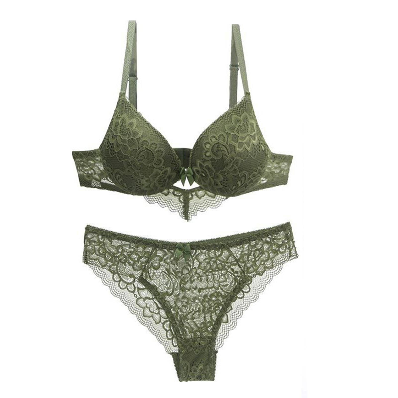 ALLLIST Plus Size Womens Underwear No Underwire Lace Bra And Panty Set Comfort Green Embroidered ...