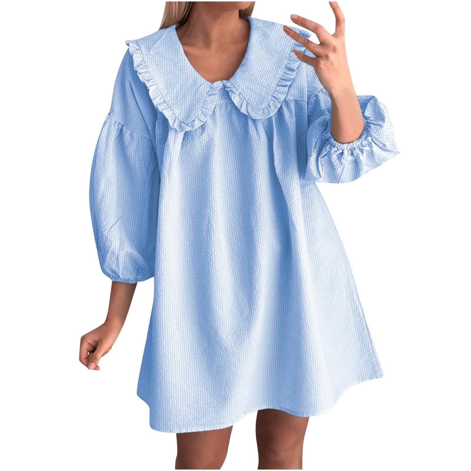 ALLLIST Puff Sleeve Dresses for Ladies Mini Spring Sundress Blue Solid ...