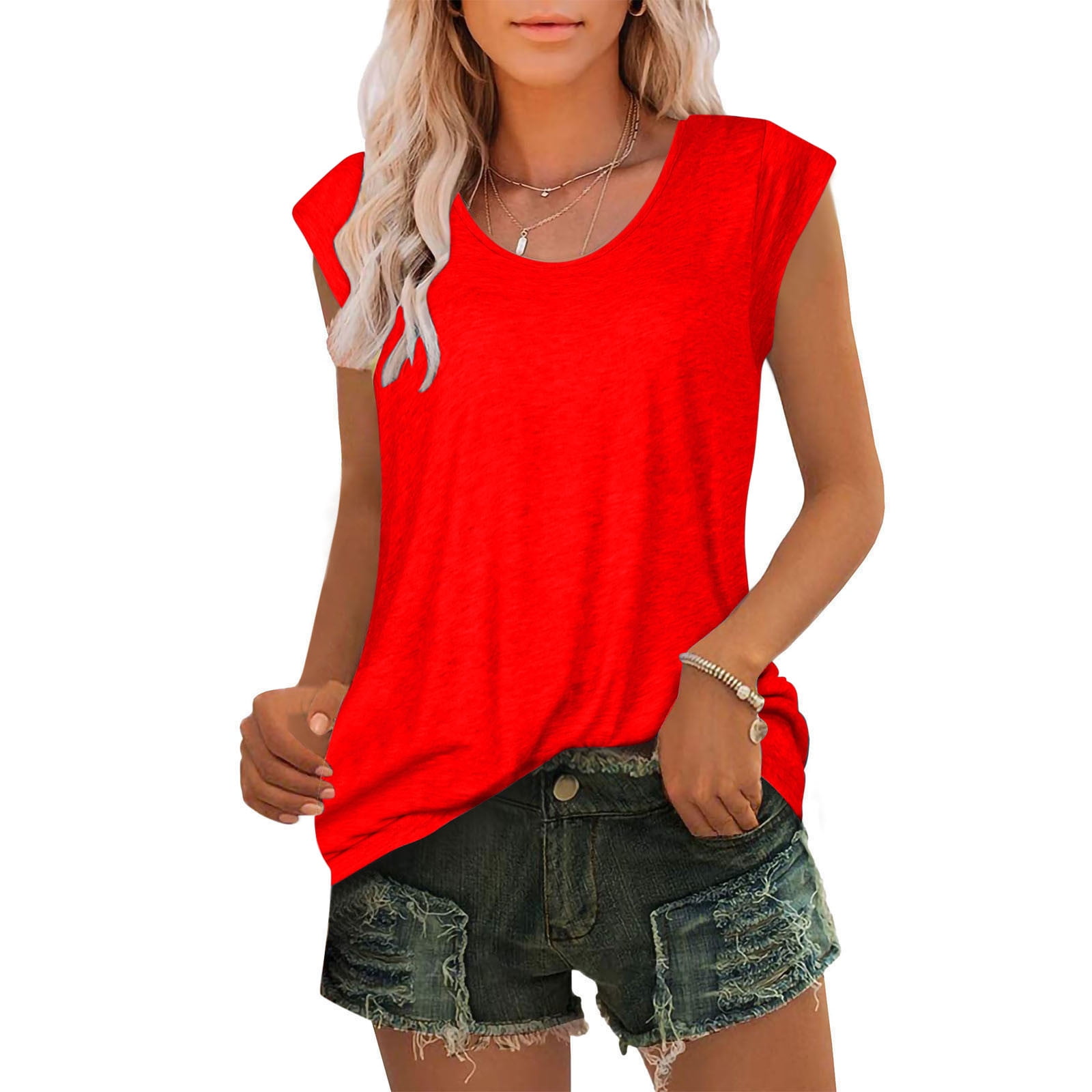 ALLLIST Red Going Out Tops for Women Sleeveless Crew Neck Casual Solid ...