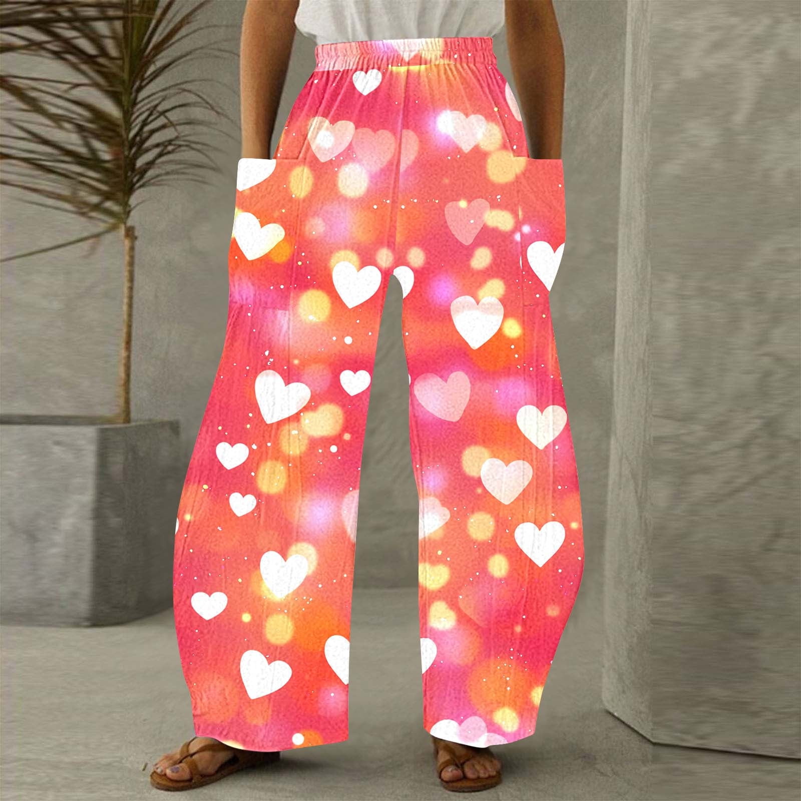 ALLLIST Red Pants for Women with Pockets Wide Leg Trousers Love Heart ...