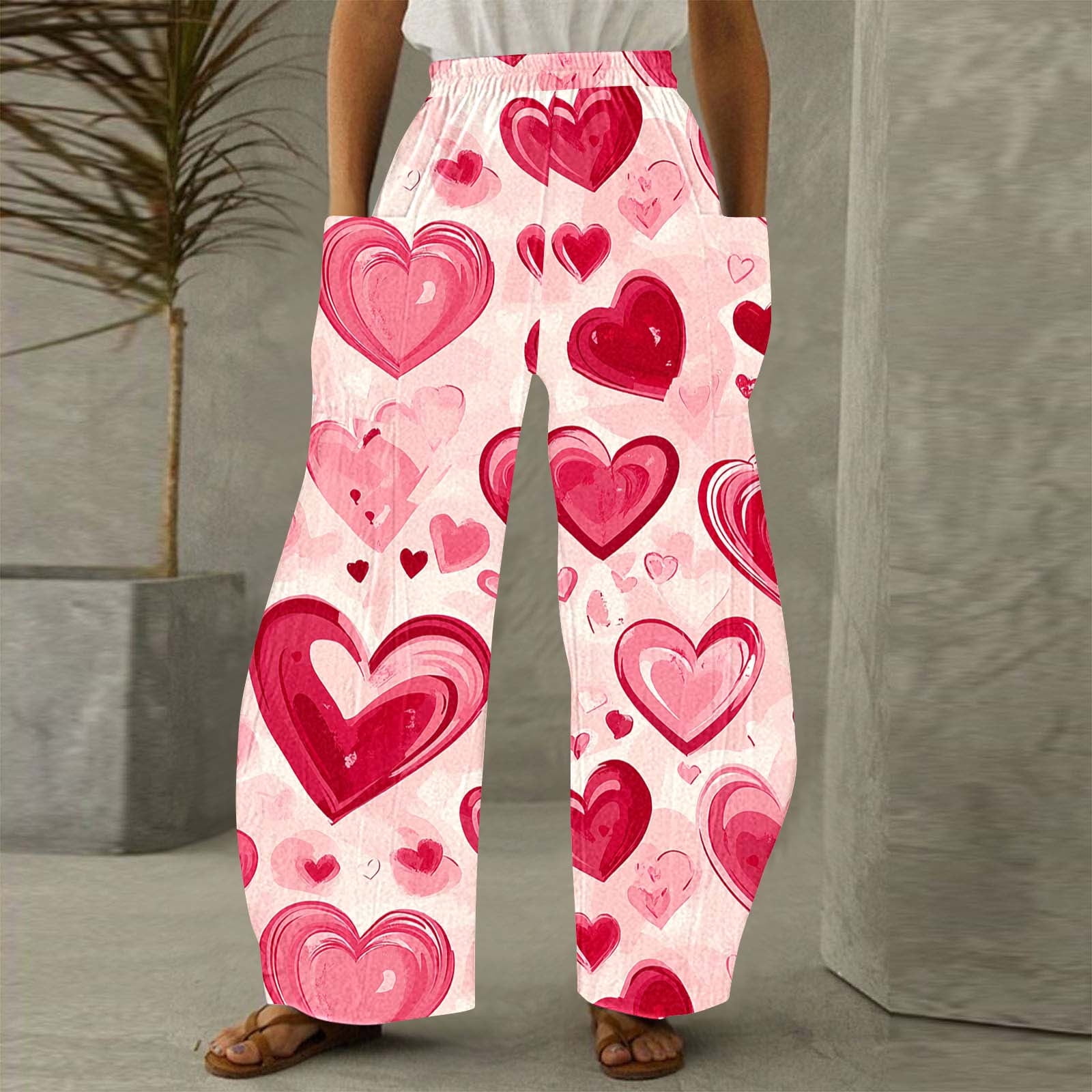 ALLLIST Red Women Pants with Pockets Wide Leg Trousers Loose Love Heart ...