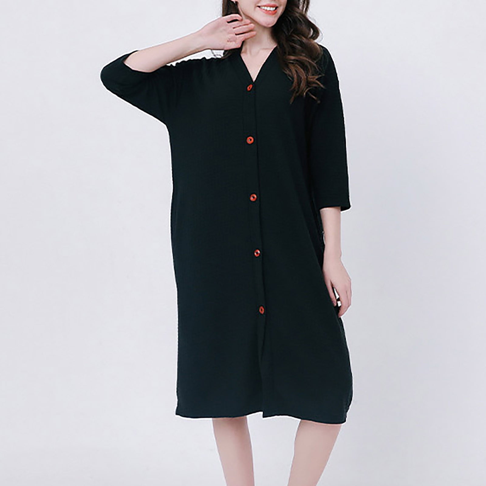 ALLLIST Robes Womens 3/4 Sleeve Button up Waffle Knit Robe Solid Black ...