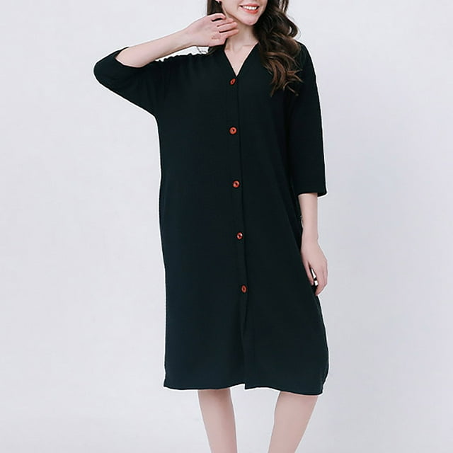 ALLLIST Robes Womens 3/4 Sleeve Button up Waffle Knit Robe Solid Black ...