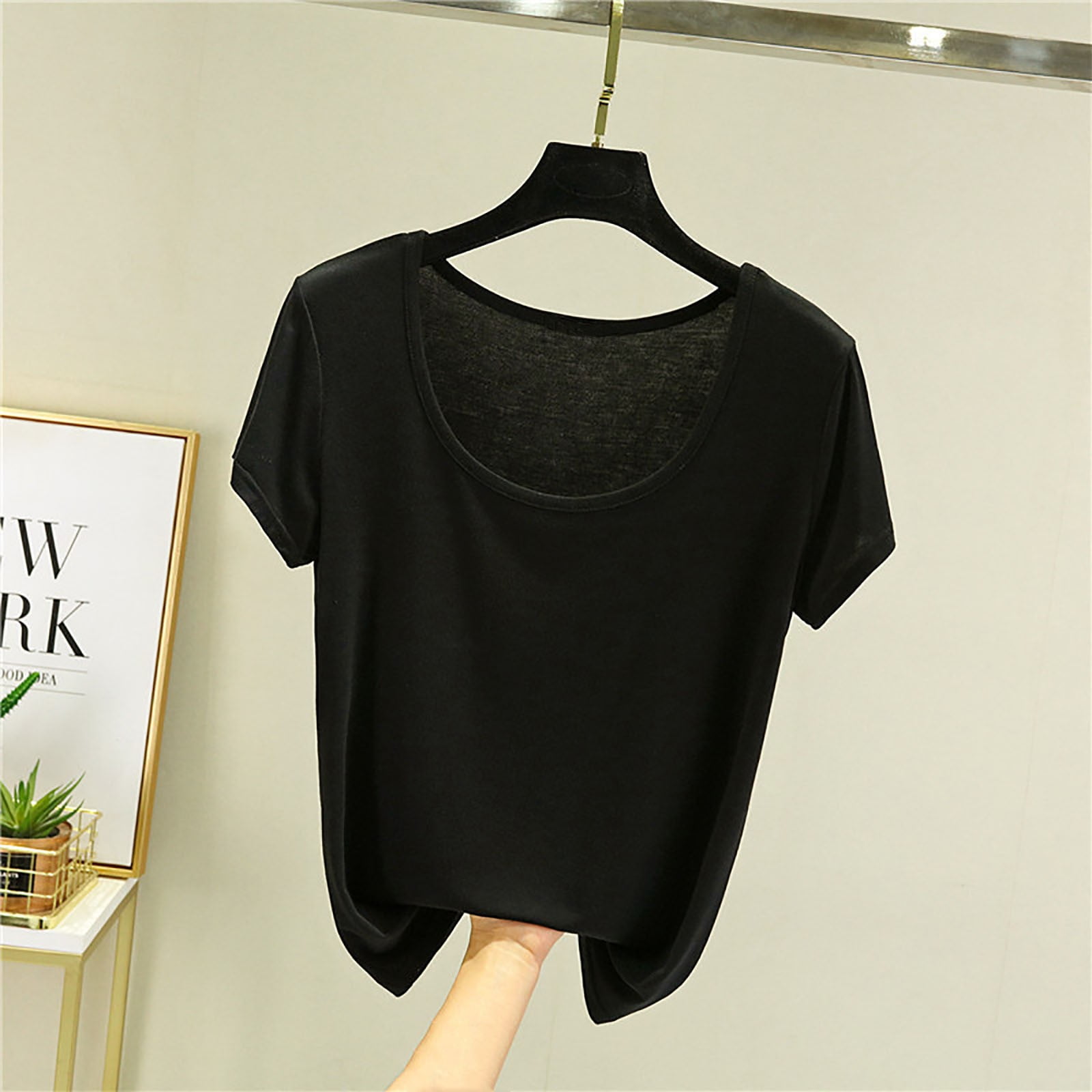 ALLLIST Scoop Neck Spring Tops for Women Short Sleeve Black Solid ...