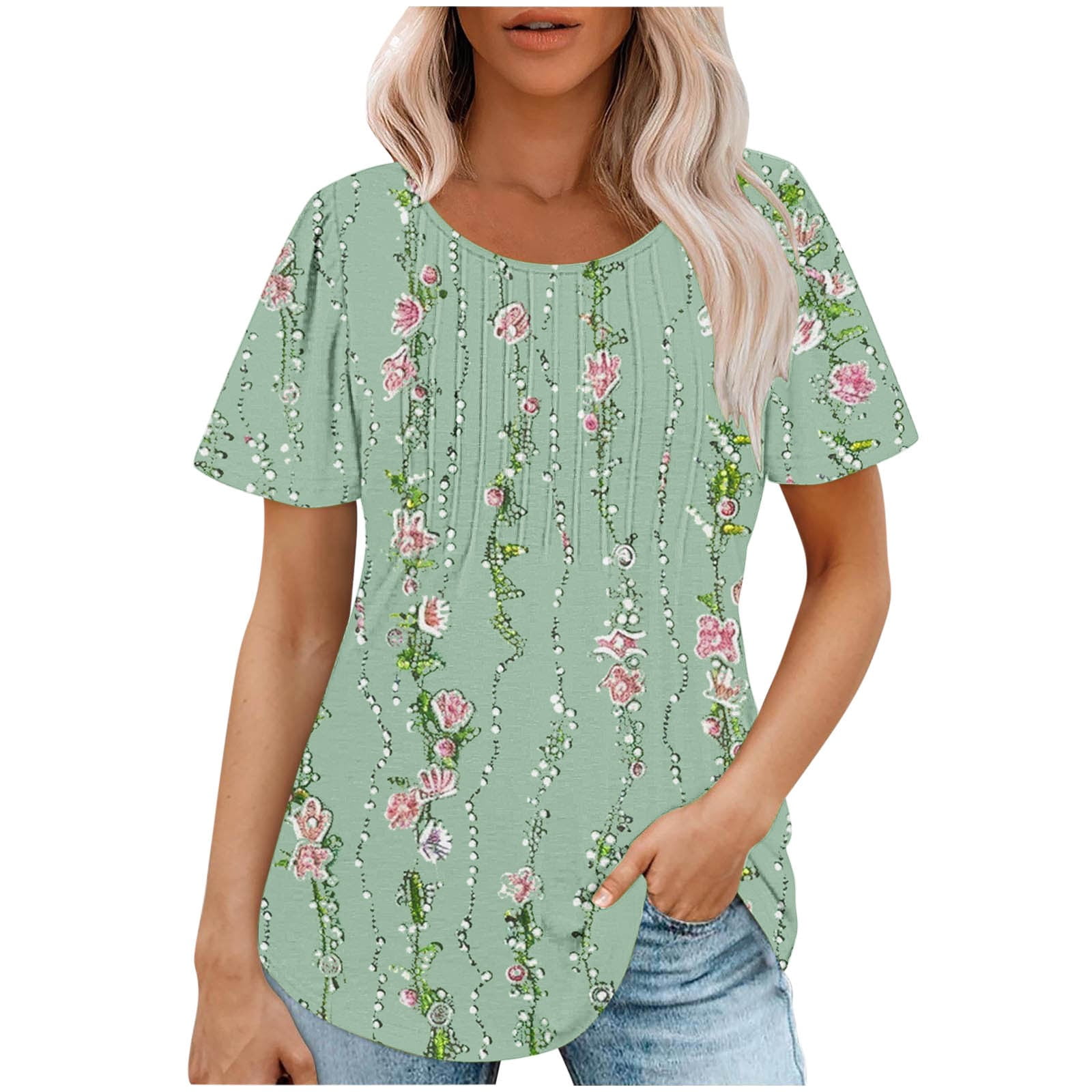 ALLLIST Short Sleeve Casual Tops for Women Crew Neck Floral Green ...