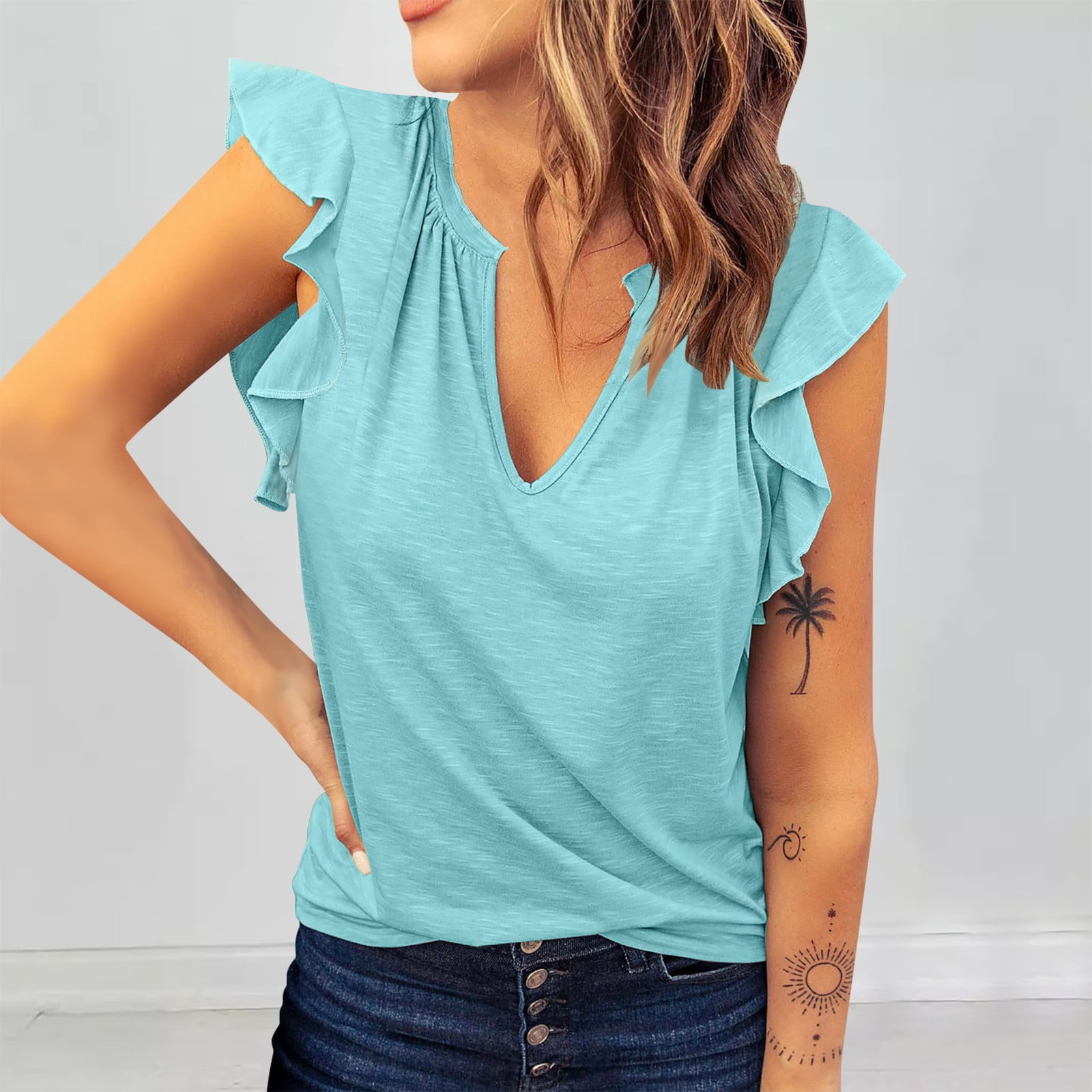 ALLLIST Short Sleeve Women's Tops V Neck Blouse Solid Blue Elegant ...