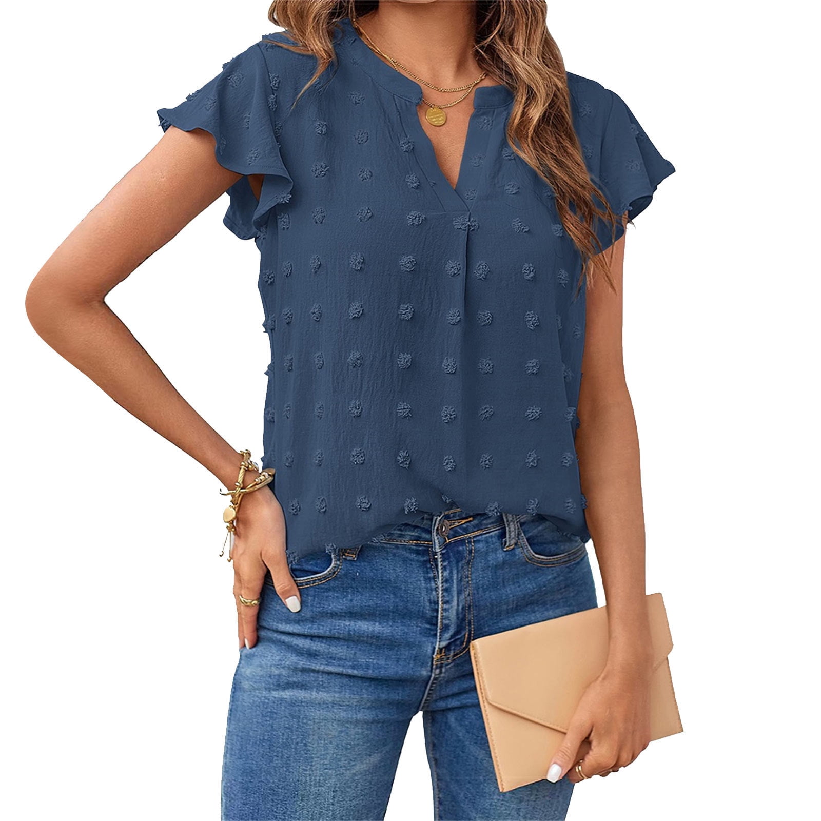 ALLLIST Short Sleeve Women's Tops V Neck Summer Blouse Solid Trendy ...
