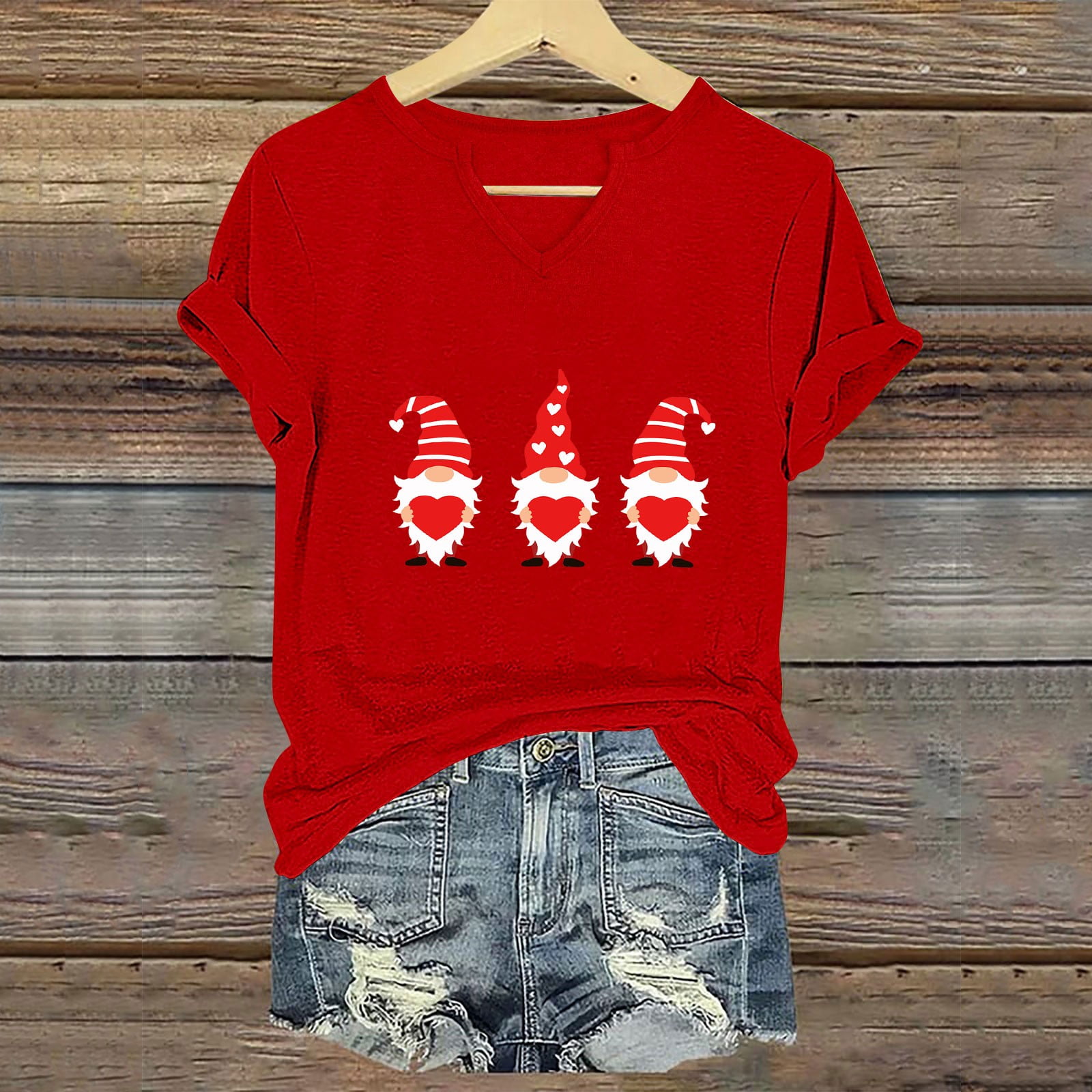 ALLLIST Short Sleeve Womens Tops Holiday V Neck T-Shirts Red Fashion Love Heart Shirts Women's ...