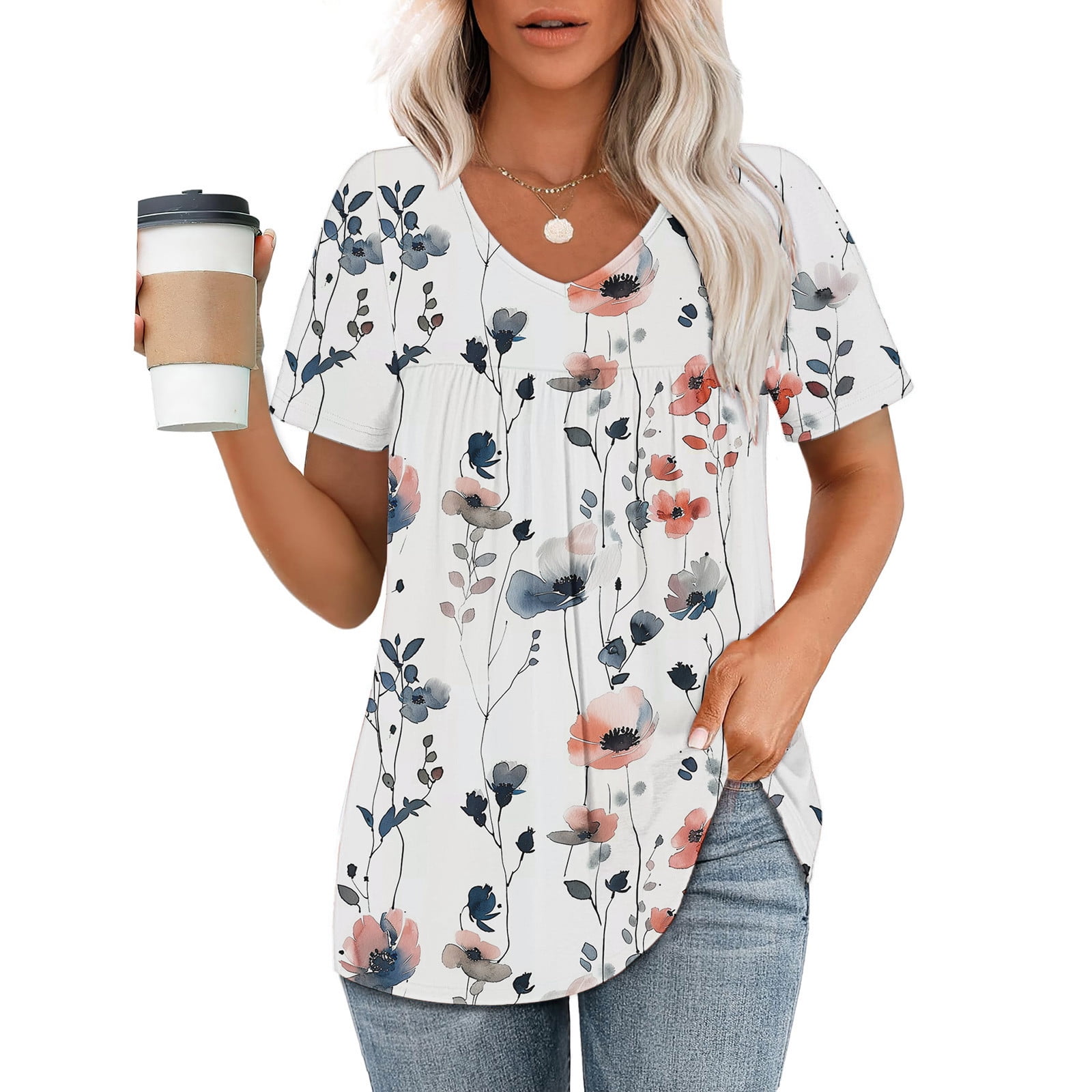 ALLLIST Short Sleeve Womens Tops Pleated V Neck Blouse Trendy Floral ...