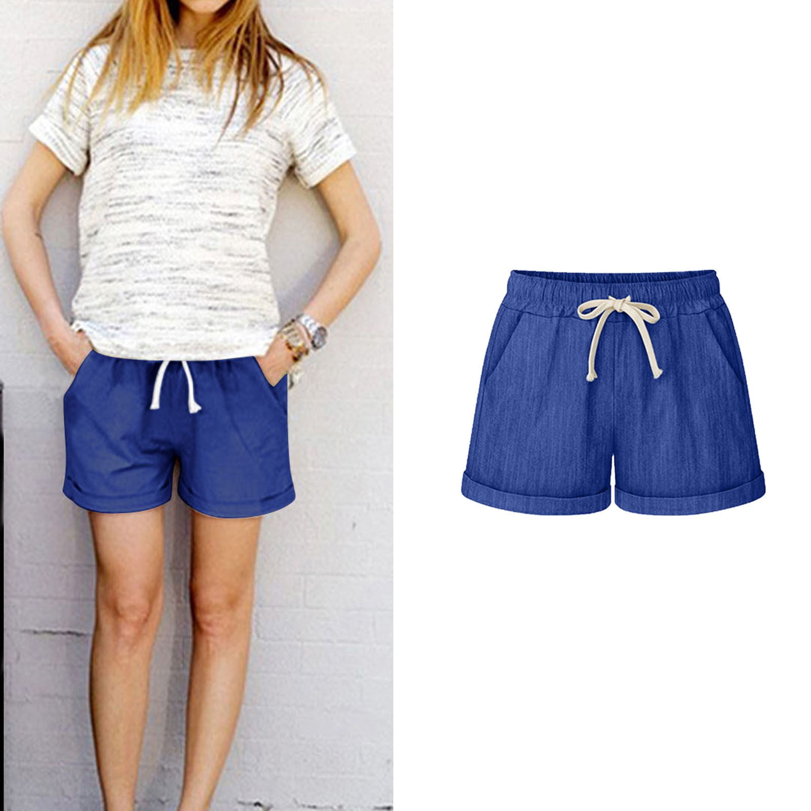 ALLLIST Shorts Women Short Wide-Leg Blue Mid Solid Trousers Comfy with ...