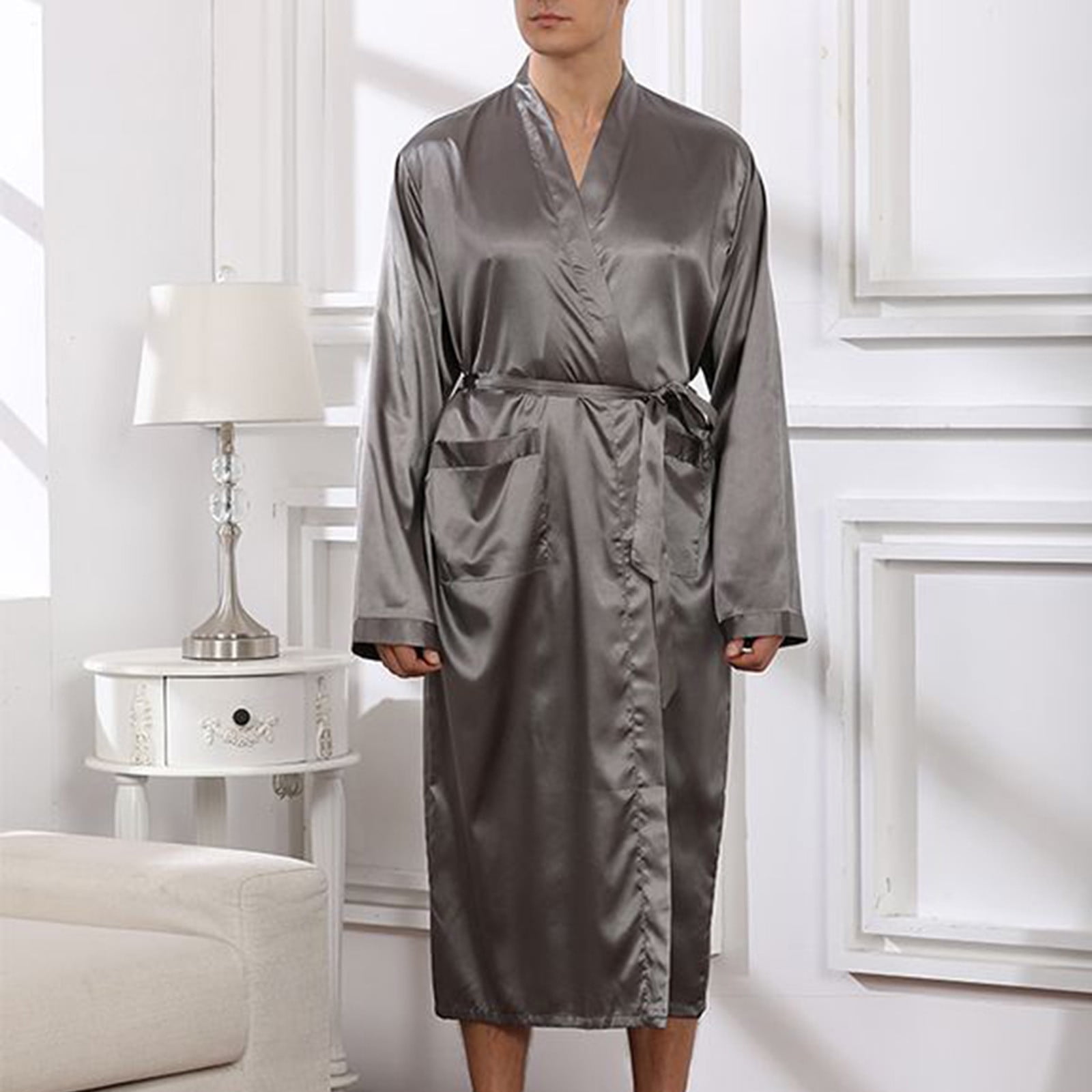 ALLLIST Silk Men's Pajamas Long Sleeve with Pockets Gray Robes ...
