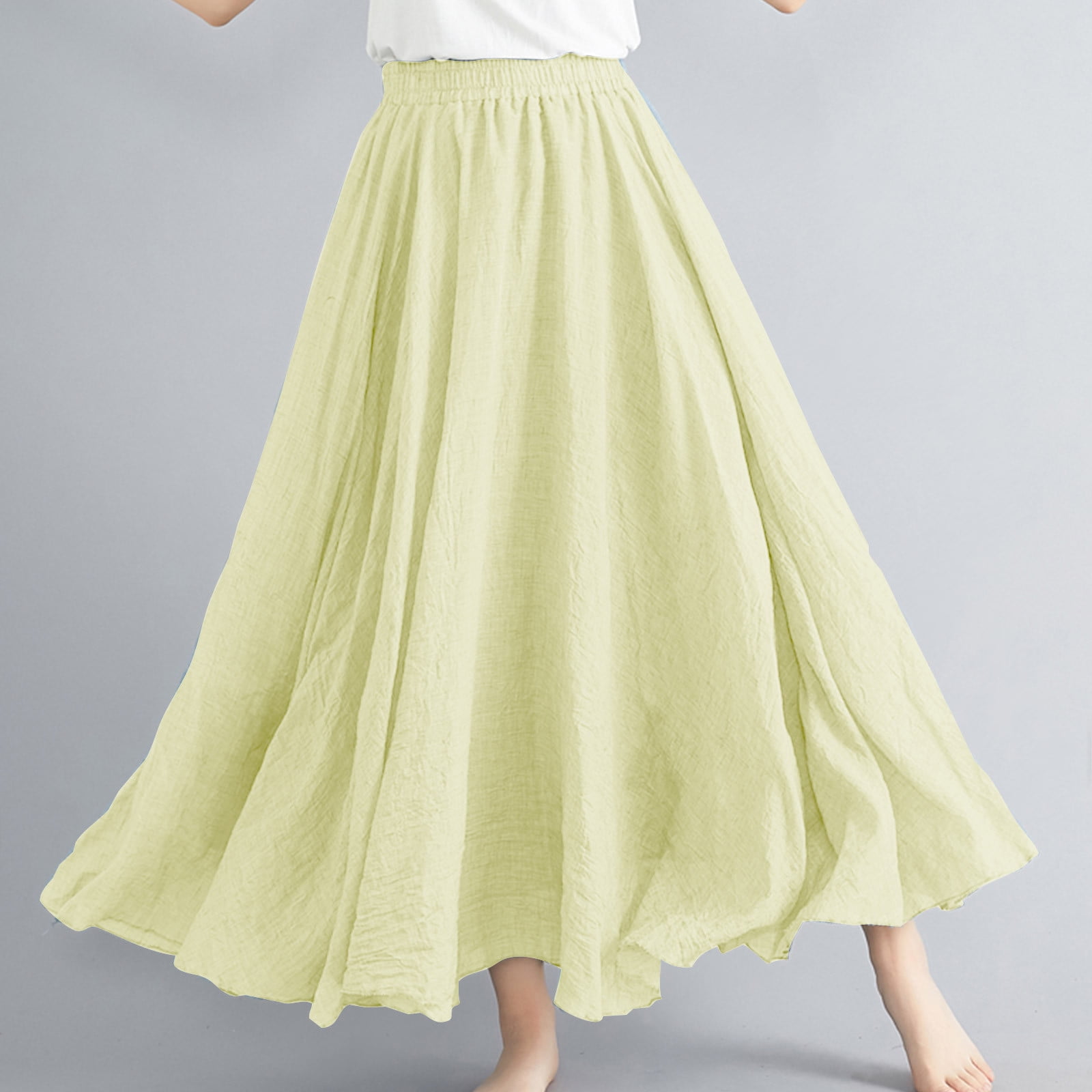 ALLLIST Skirt Women Long Loose Plain Elastic Waist Yellow A-Line Ladies ...