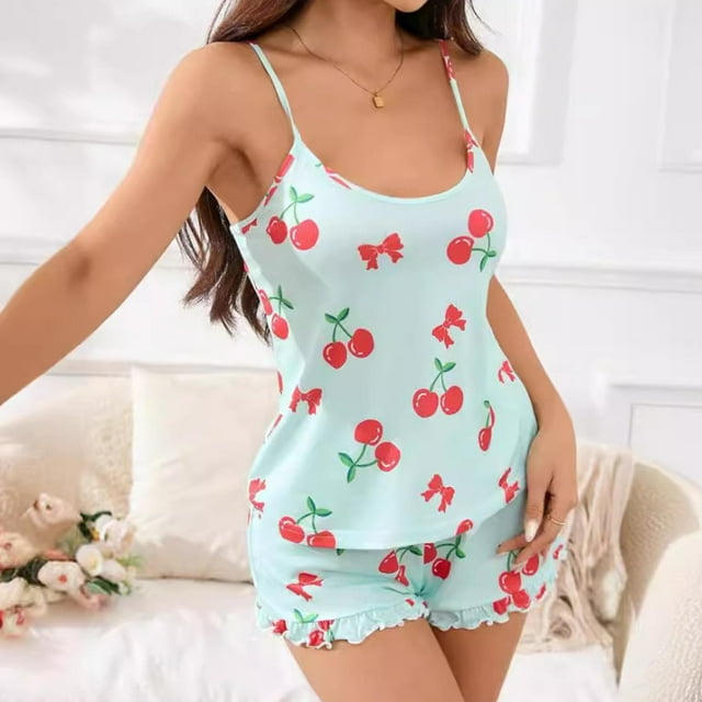 ALLLIST Sleeveless Pajamas for Women Ruffles Cami Pajamas Sets Shorts Cherry Print Blue 2 Piece ...